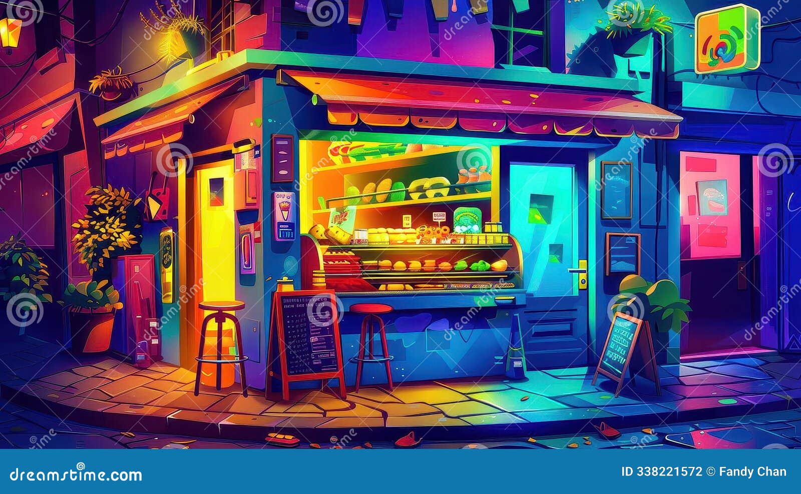 Nighttime Street Scene with a Vibrant Shop and Stools Stock ...