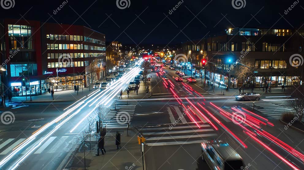 Nighttime Urban Intersection with Light Trails Created with an AI Generator Stock Illustration ...