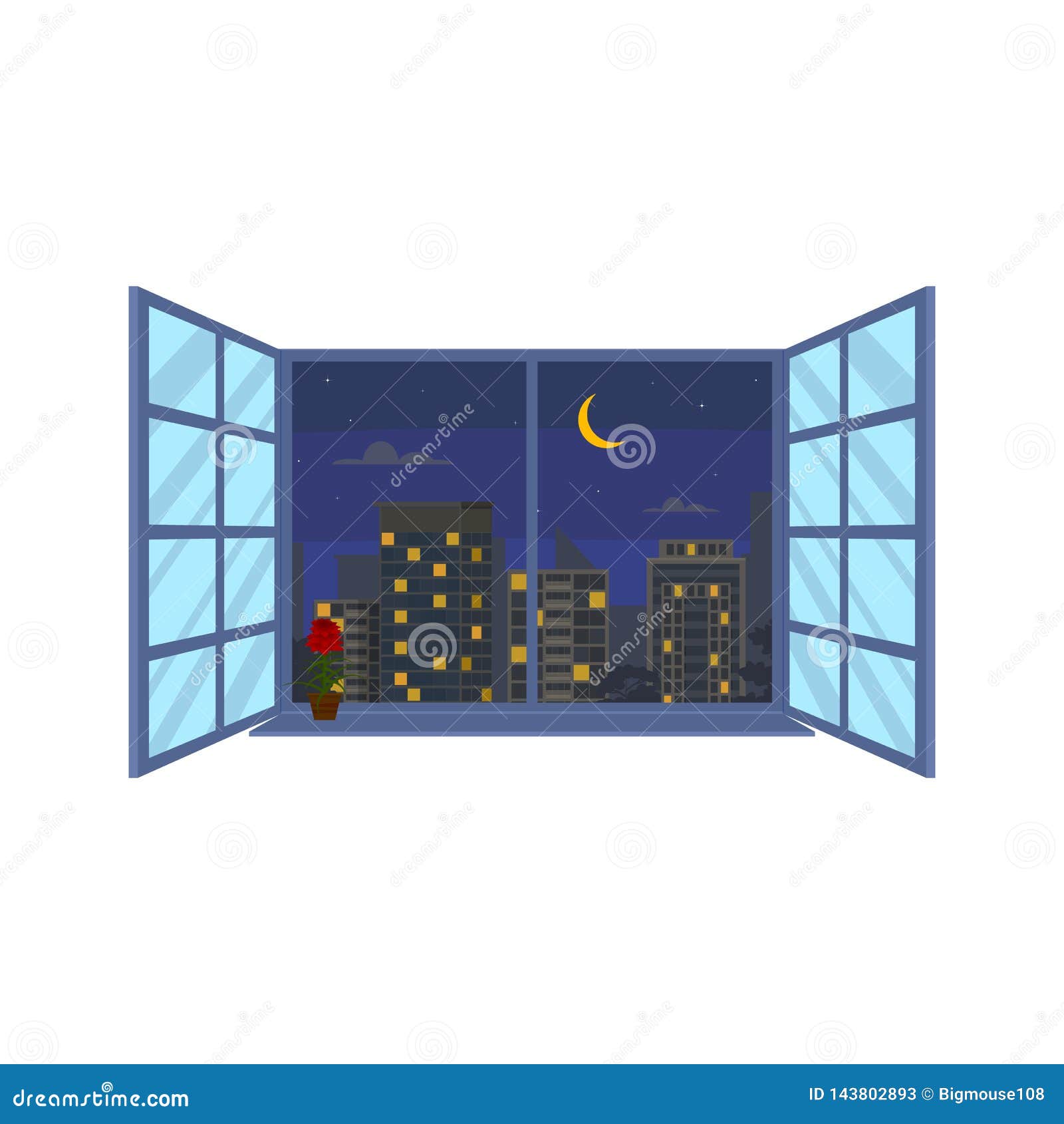 Nighttime Urban Landscape in Window Scene Concept. Vector Stock Vector ...