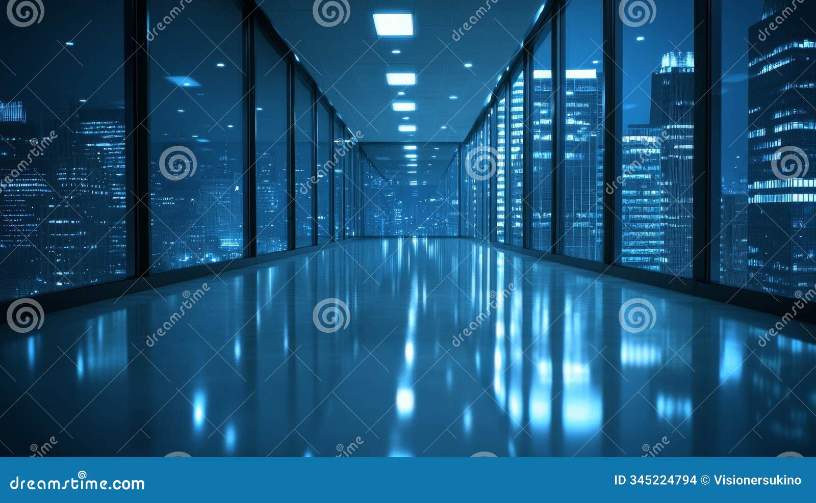 Nighttime View of a City from an Office Hallway Stock Photo - Image of ...