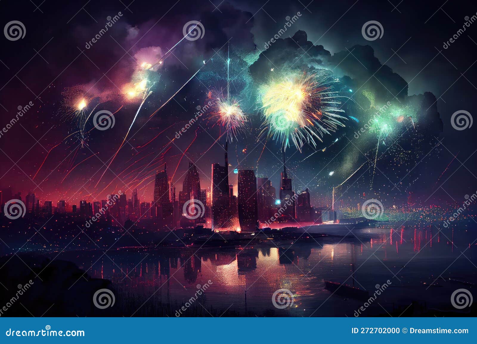 Nighttime View of City Skyline, with Fireworks Exploding in the Sky ...