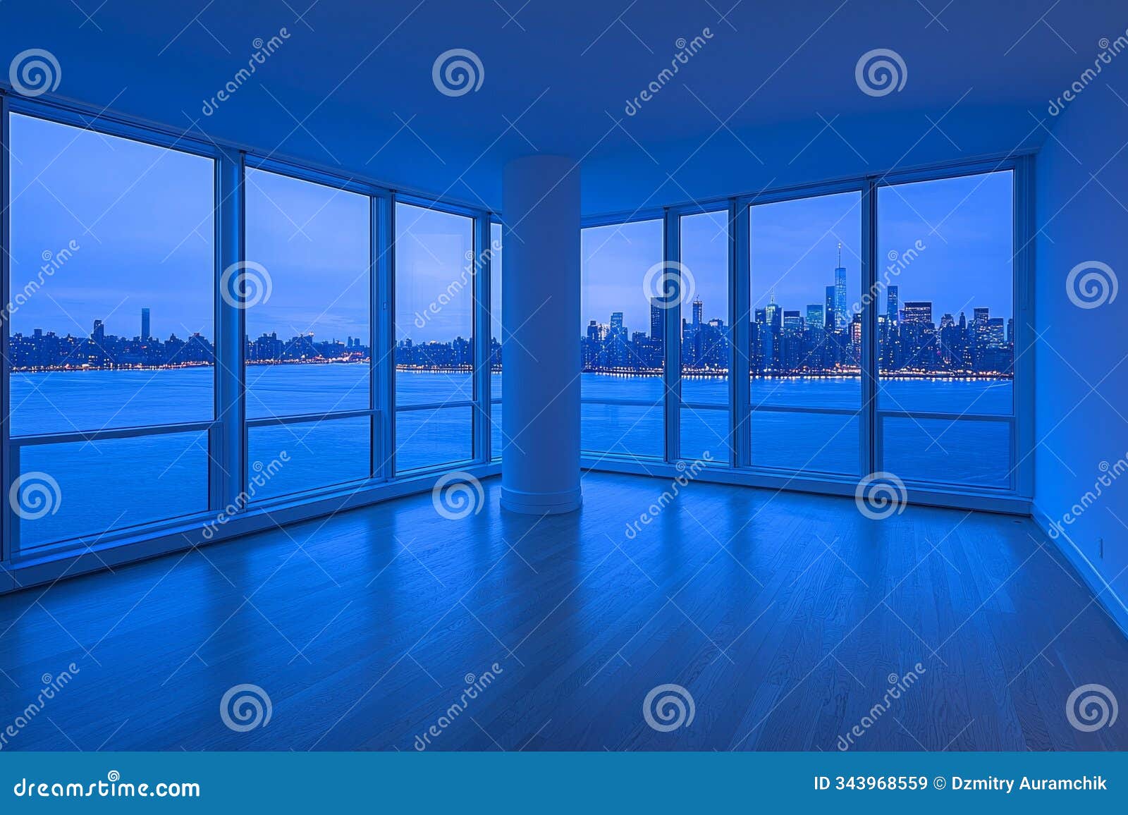 Nighttime View of an Empty, Modern Office Space with Large Glass ...