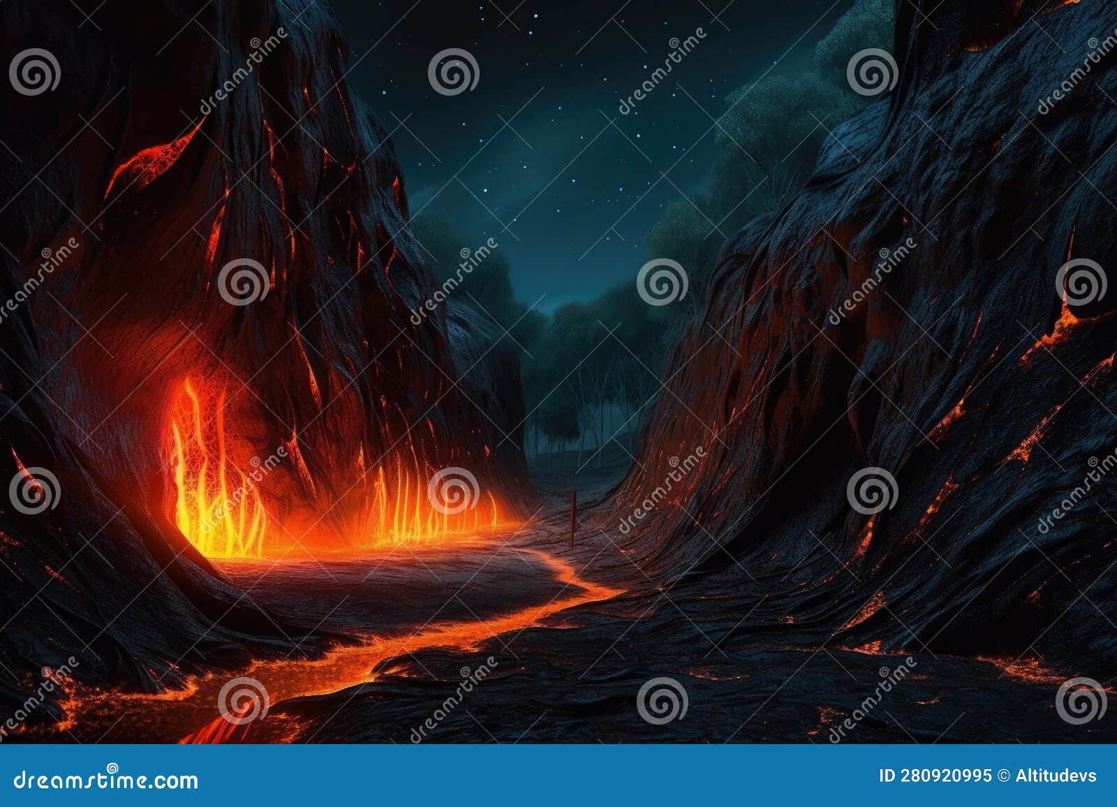 Nighttime View of Glowing Lava Flow Down a Volcano Slope Stock Image ...