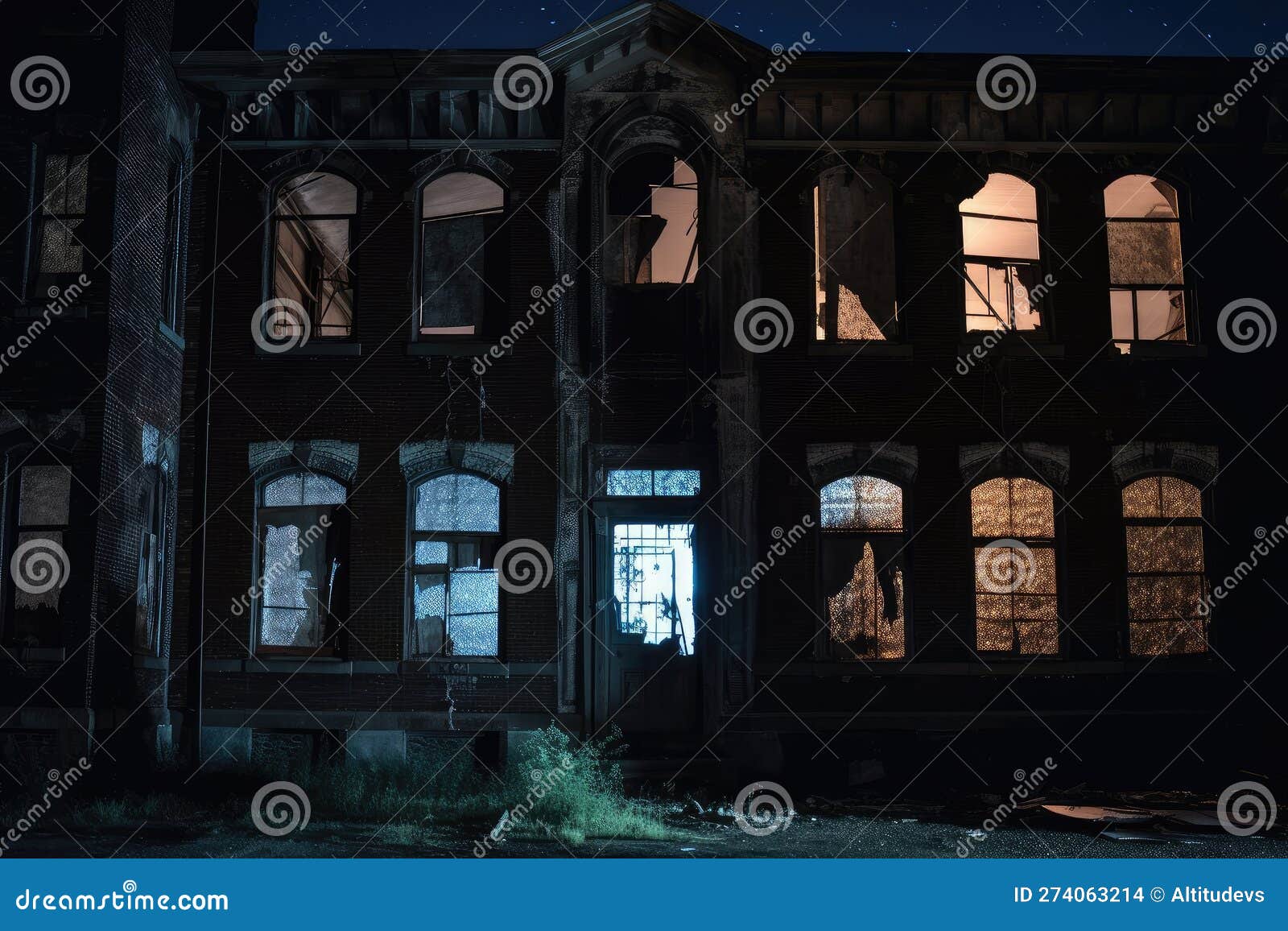 Nighttime View of Haunted Abandoned Building, with Lights Shining ...