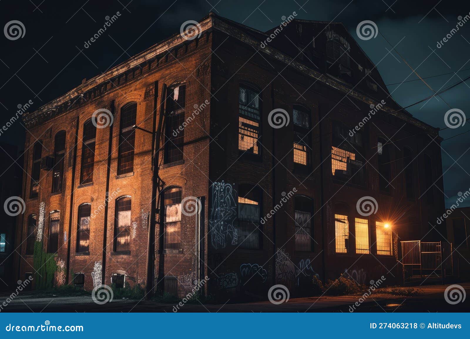 Nighttime View of Haunted Abandoned Building, with Lights Shining ...