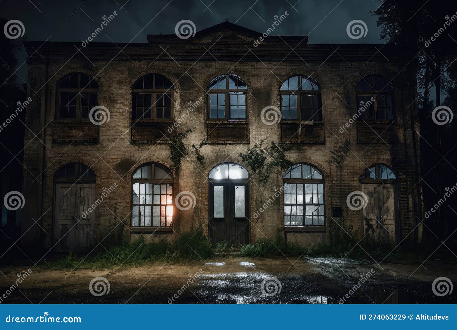 Nighttime View of Haunted Abandoned Building, with Lights Shining ...