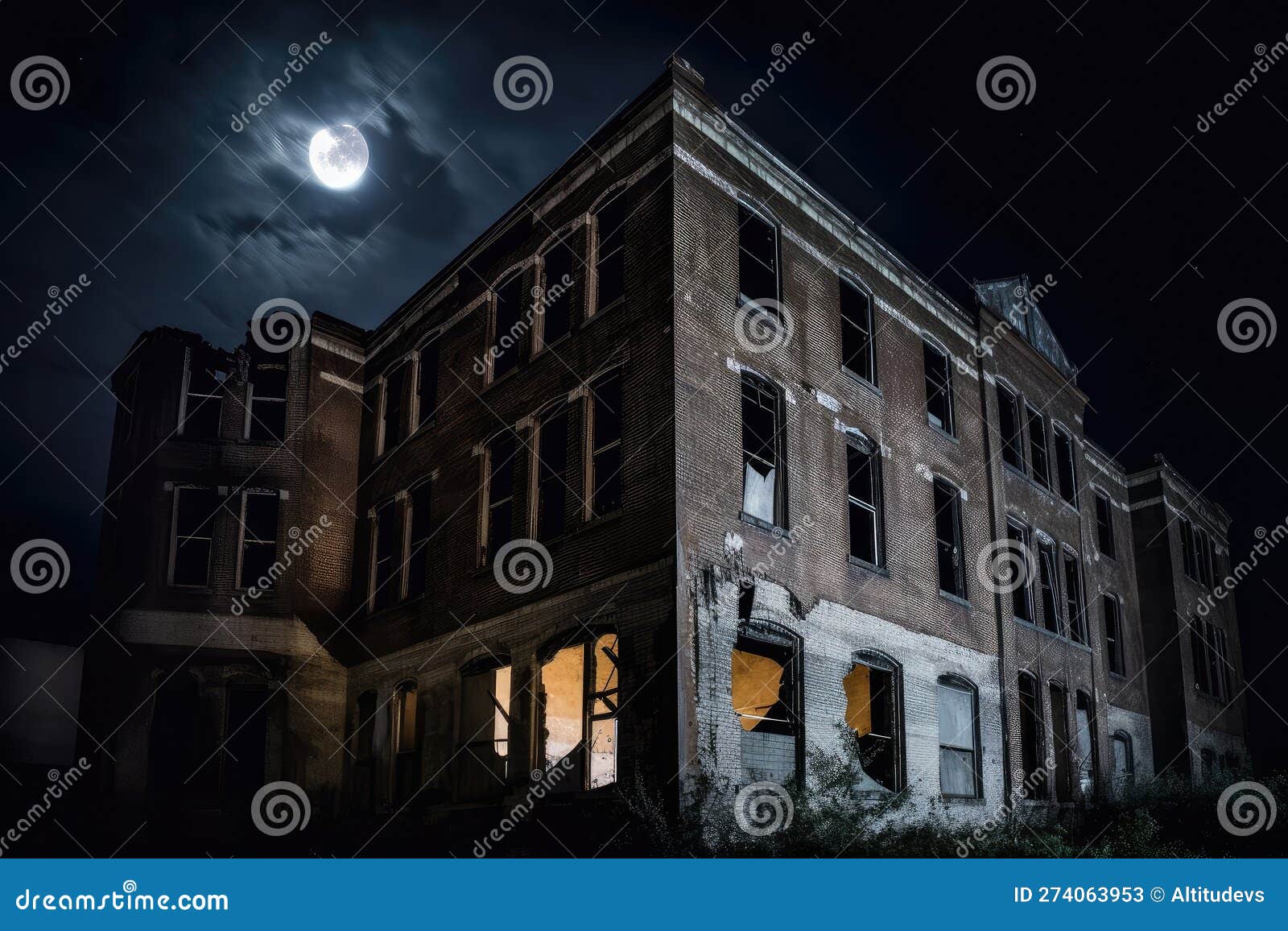 Nighttime View of Haunted Abandoned Building, with the Moon Shining ...