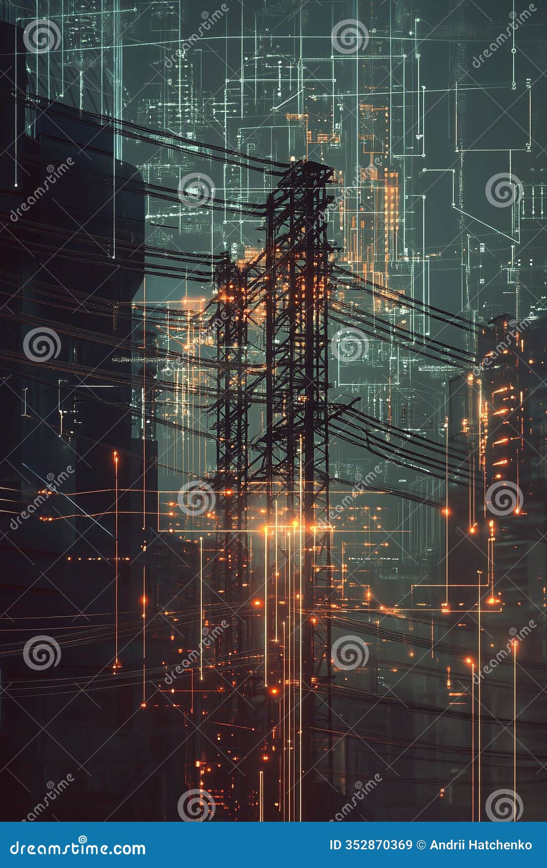 Nighttime View of High-voltage Power Lines Glowing with Energy with ...