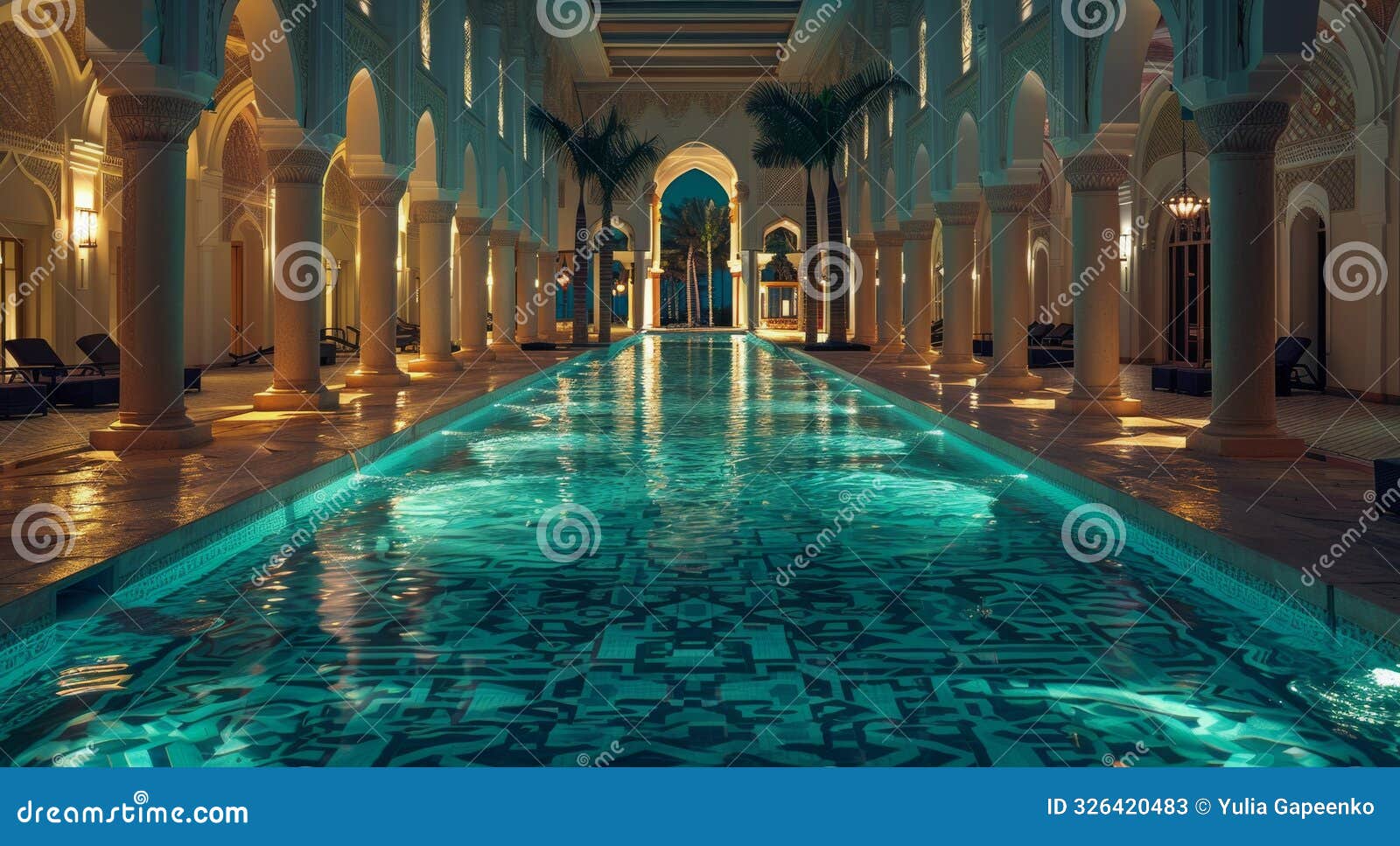 Nighttime View of a Long, Decorative Pool in a Moroccan-Style Courtyard ...