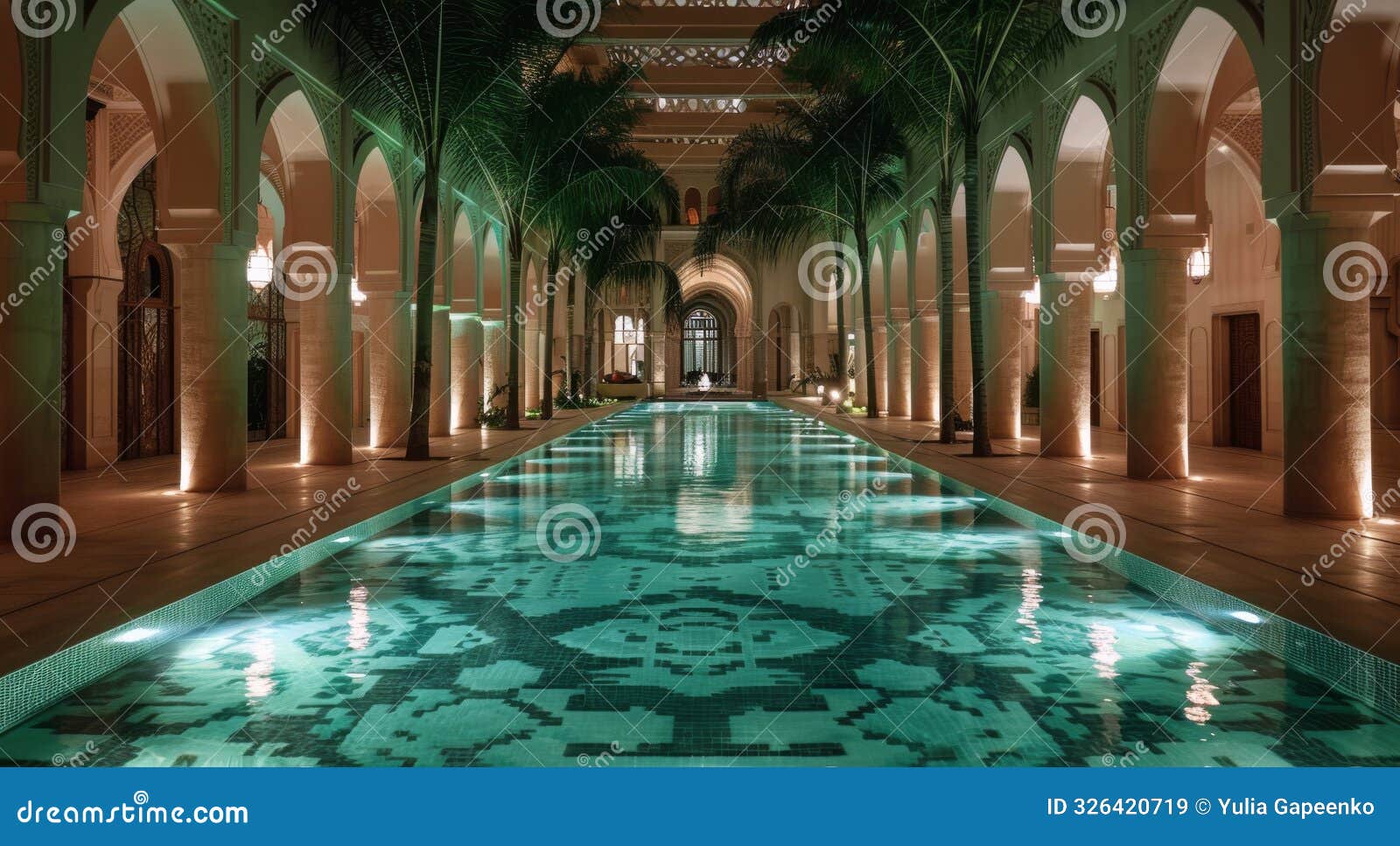 Nighttime View of a Long, Decorative Pool in a Moroccan-Style Courtyard ...