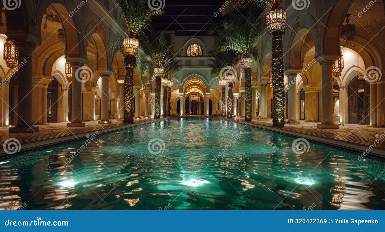 Nighttime View of a Long, Decorative Pool in a Moroccan-Style Courtyard ...