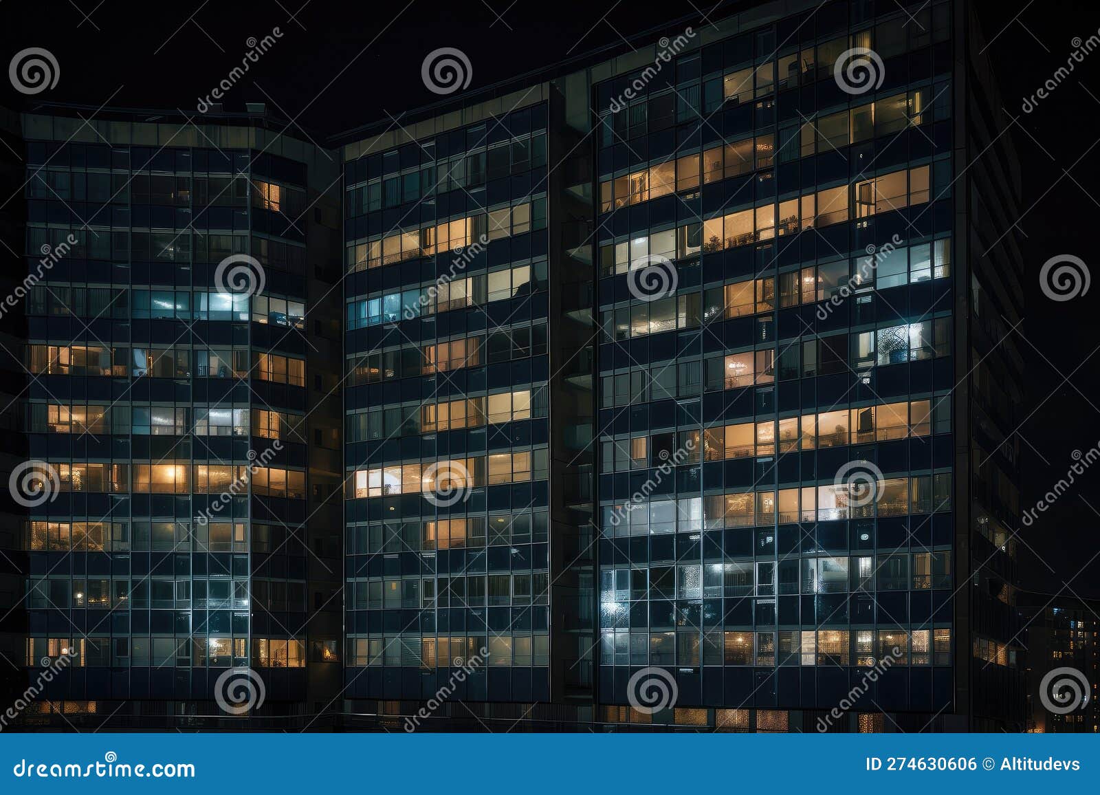 Nighttime View of Modern High-rise with Lighting and Reflections on the ...