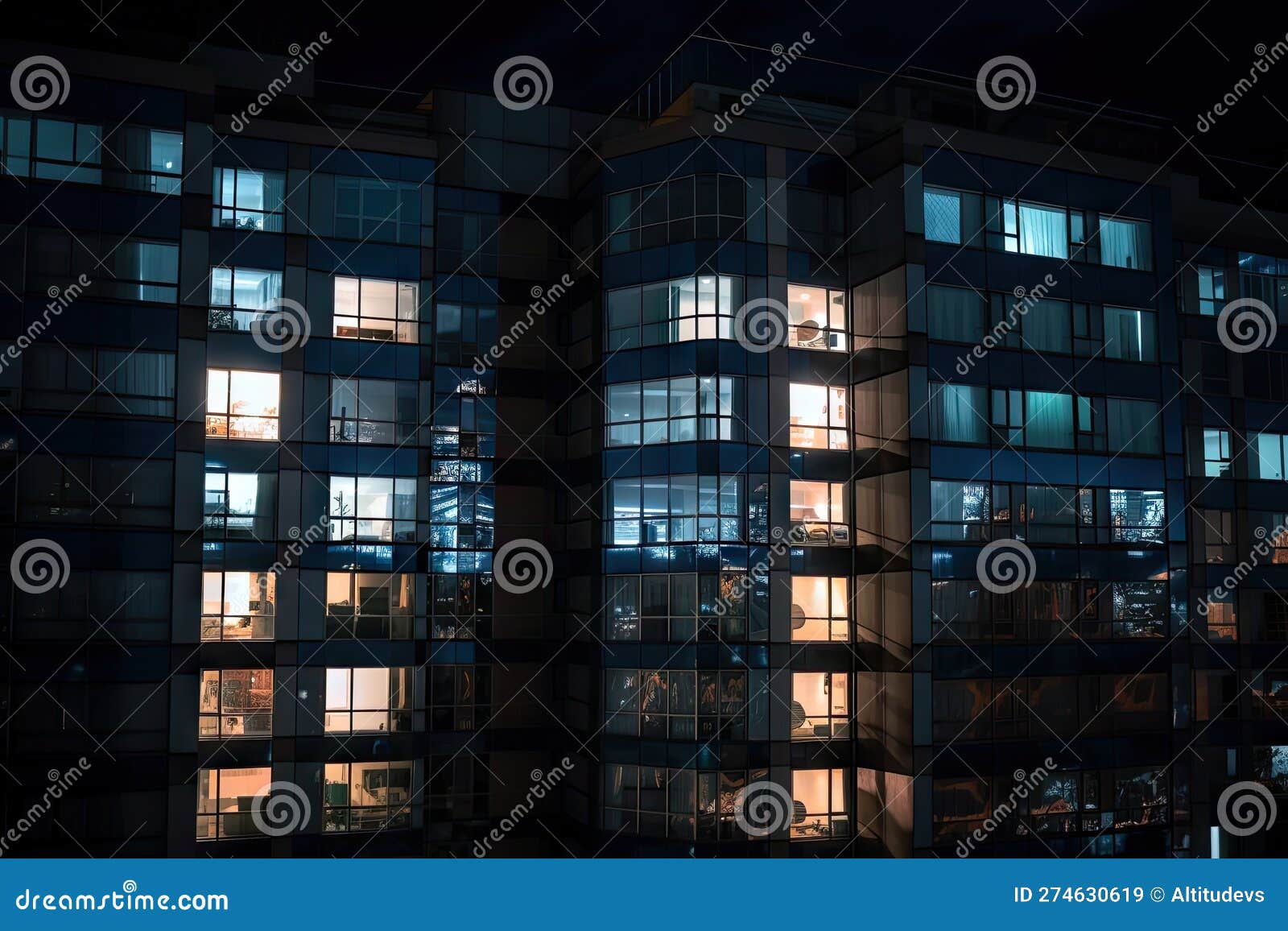 Nighttime View of Modern High-rise with Lighting and Reflections on the ...