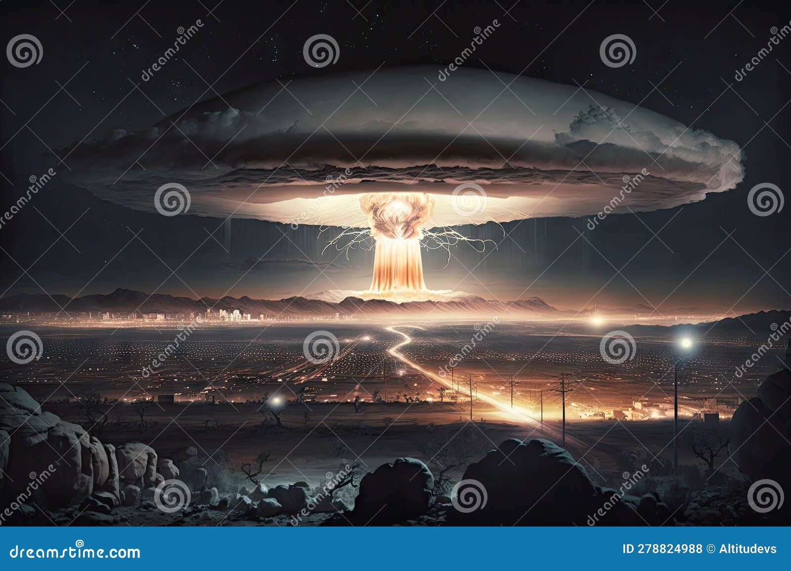Nighttime View of Nuclear Bomb Exploding in the Distance, with City ...