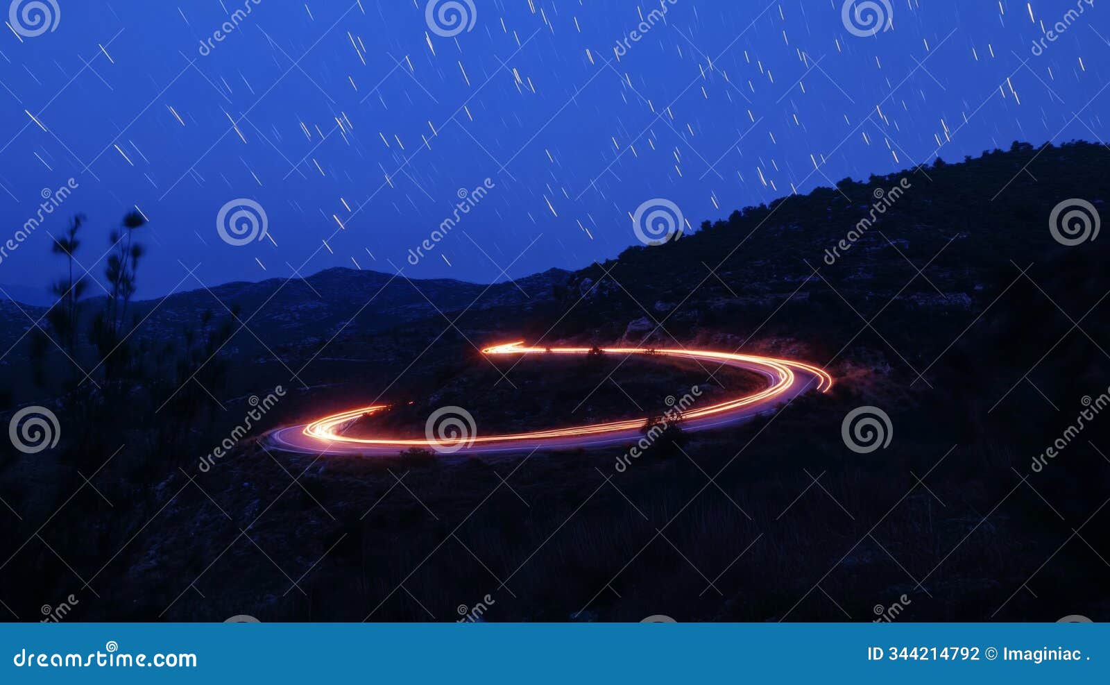 Nighttime View of a Winding Road with Star Trails Stock Illustration ...