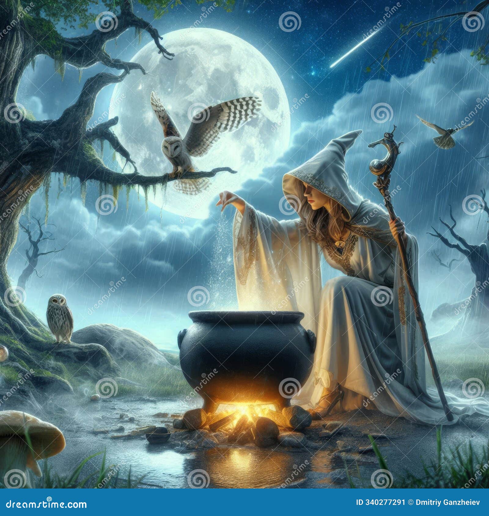 Nighttime Witchcraft with Owls and Magic Stock Illustration ...
