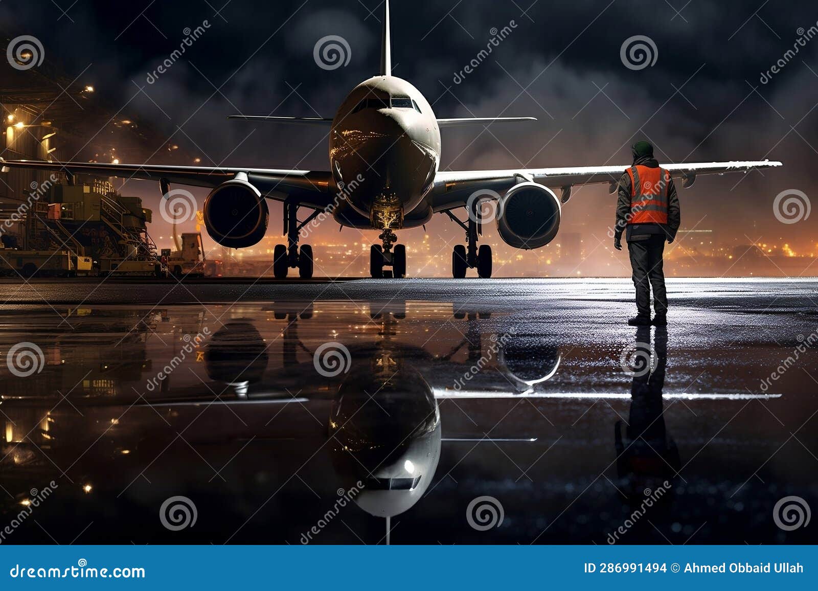 Nighttime Worker Standing Behind Jet Airplane Generative AI Stock ...
