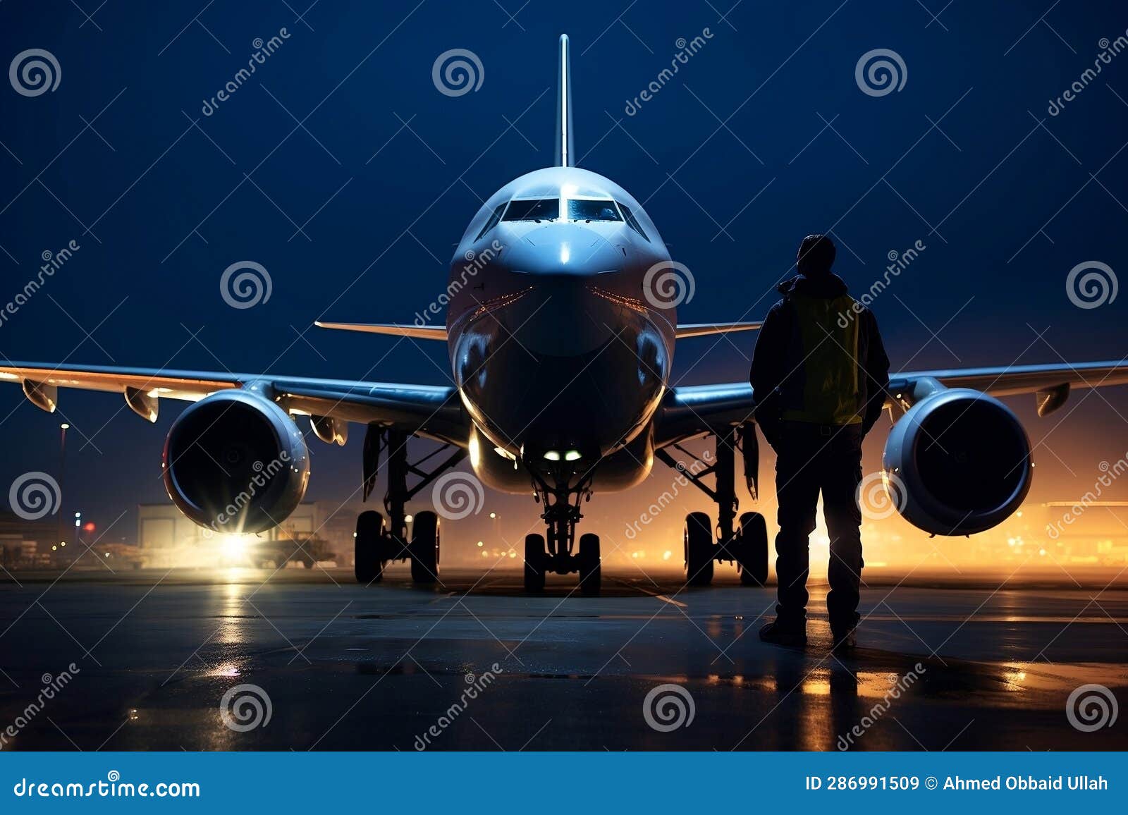 Nighttime Worker Standing Behind Jet Airplane Generative AI Stock Image ...