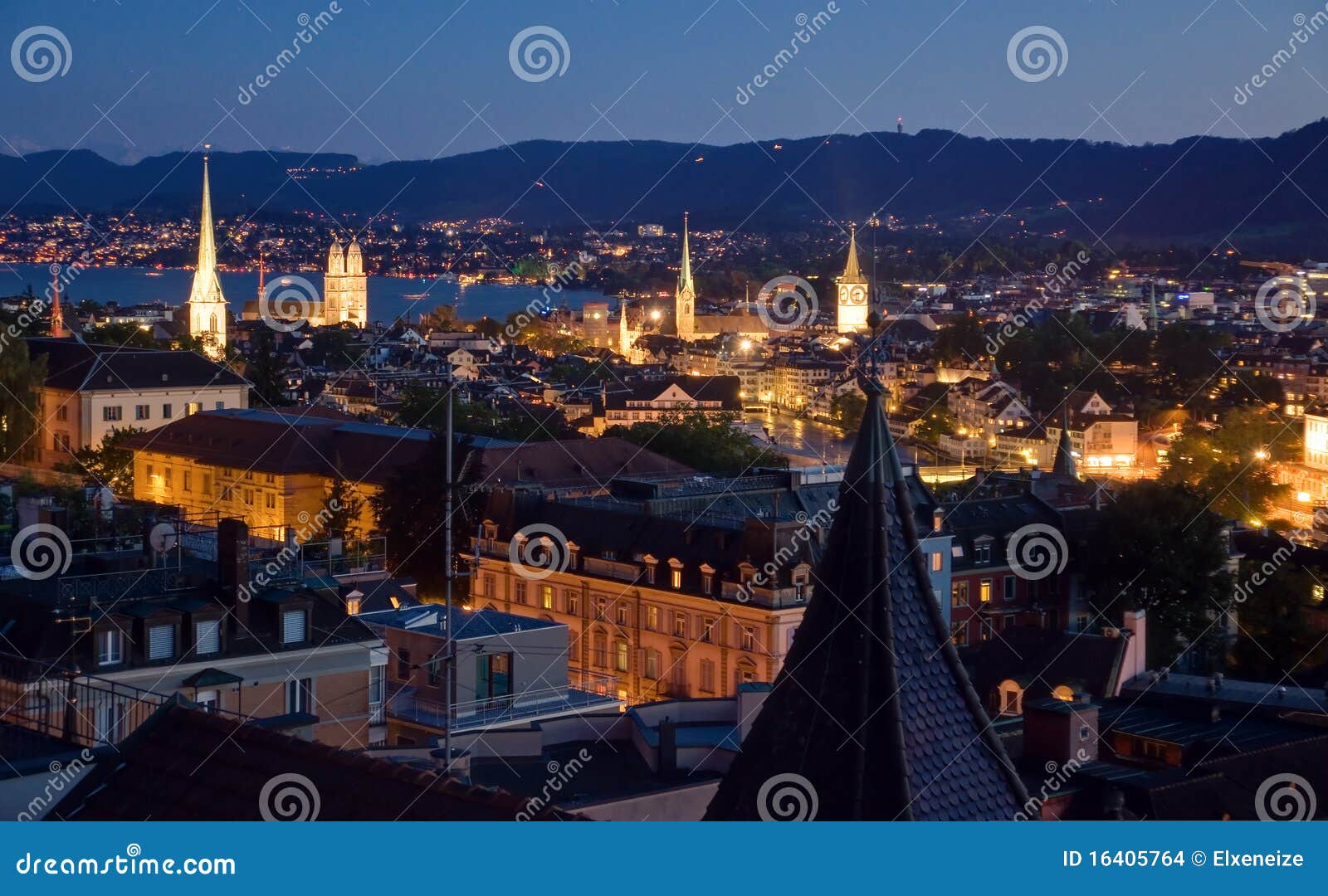 Nightview over Zurich stock photo. Image of church, destination - 16405764