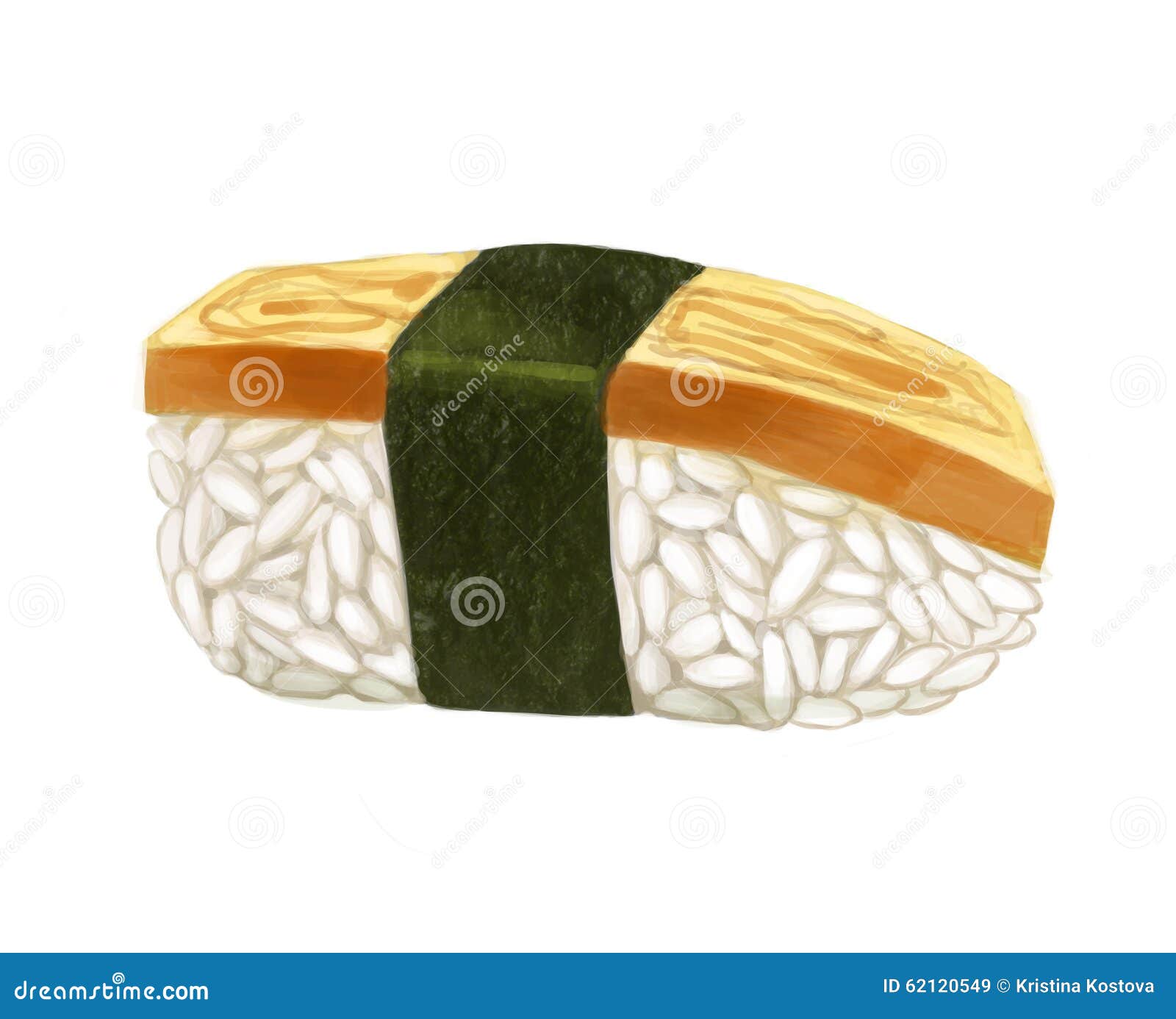 Nigiri Tomago Sushi with Algae, Rise and Eggs on a White Background ...