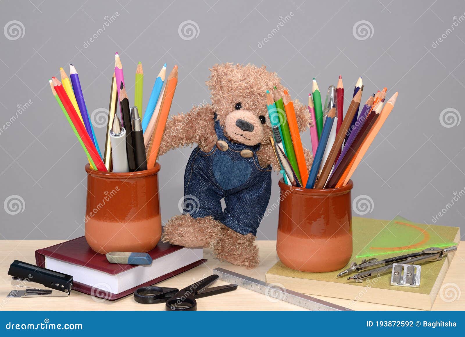Back To School Shy Teddy Bear Hiding Behind Pencils Stock Photo - Image ...