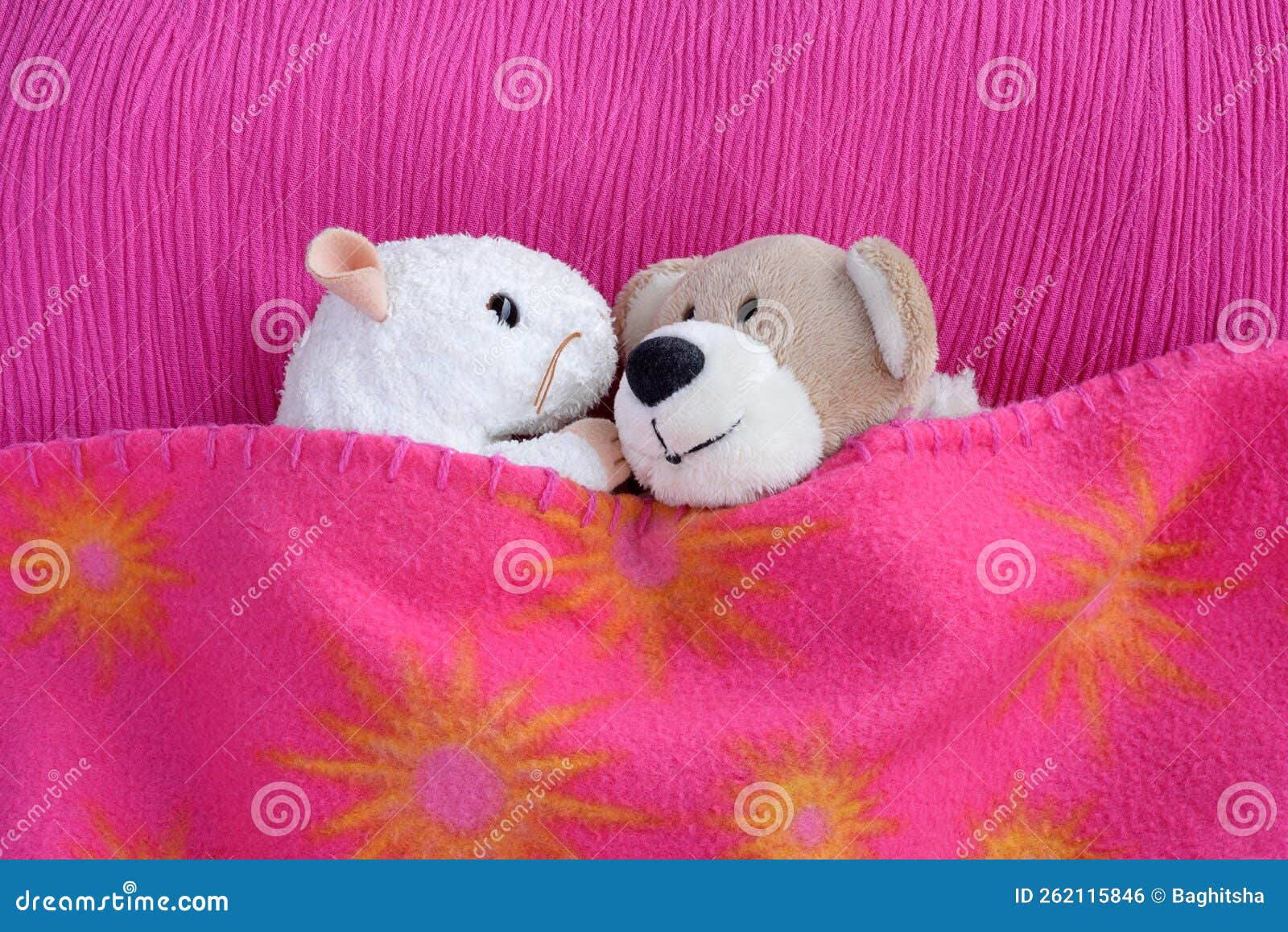 Soft Toys Cuddling in Bed Pink Blanket and Sheet Stock Photo - Image of ...
