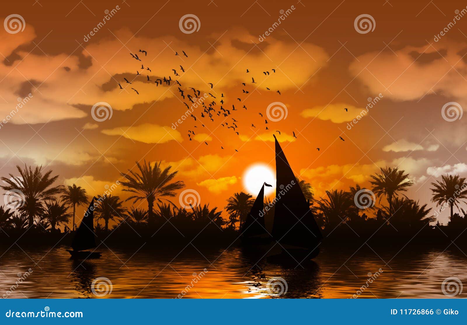 Nile River Of Ancient Egypt With Sailboats Vector Cartoon ...