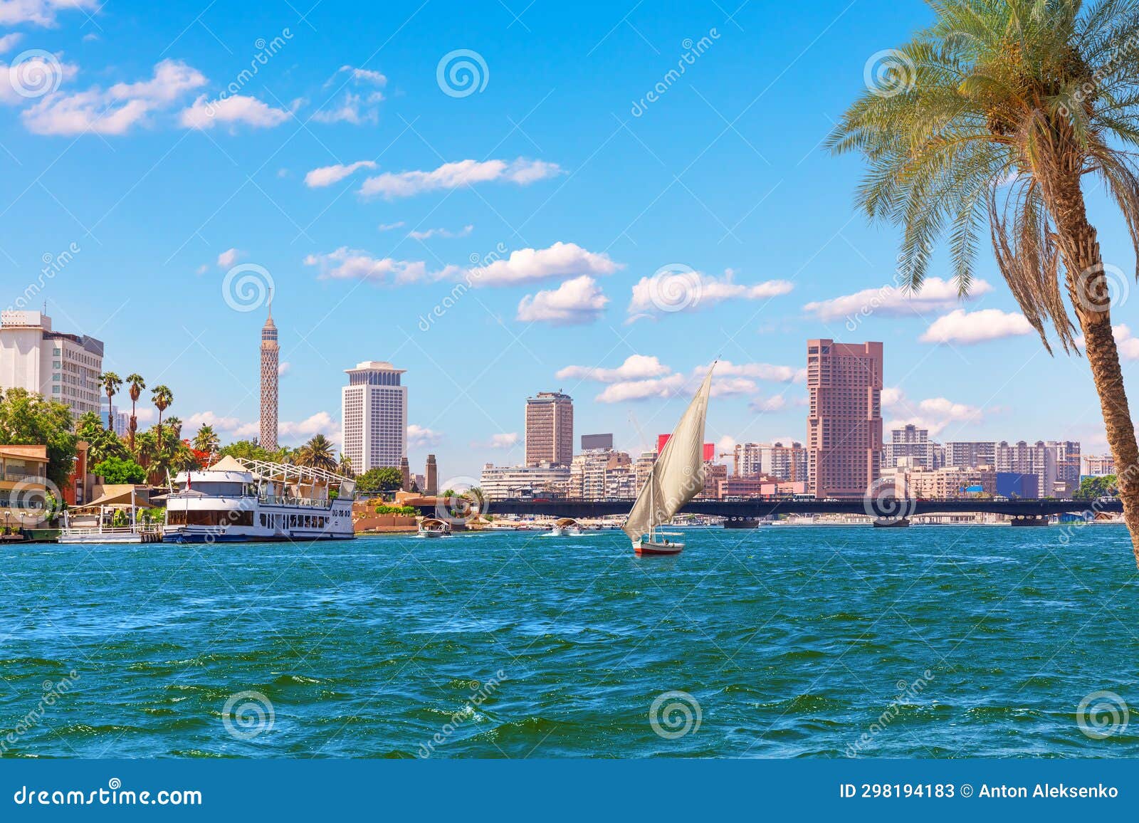 Nile View, Modern Bridge and Center Cairo Buildings, Egypt Stock Image ...