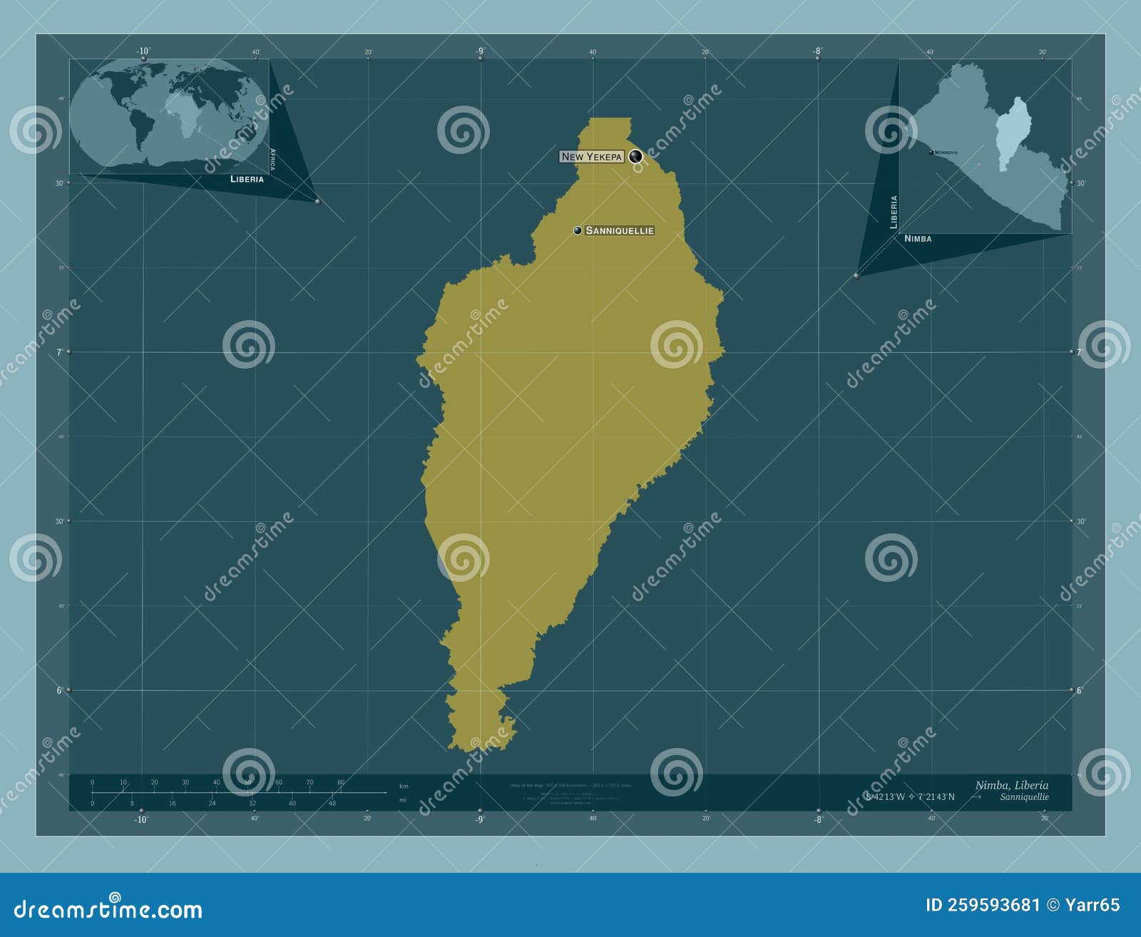 Nimba, Liberia. Solid. Labelled Points of Cities Stock Illustration ...