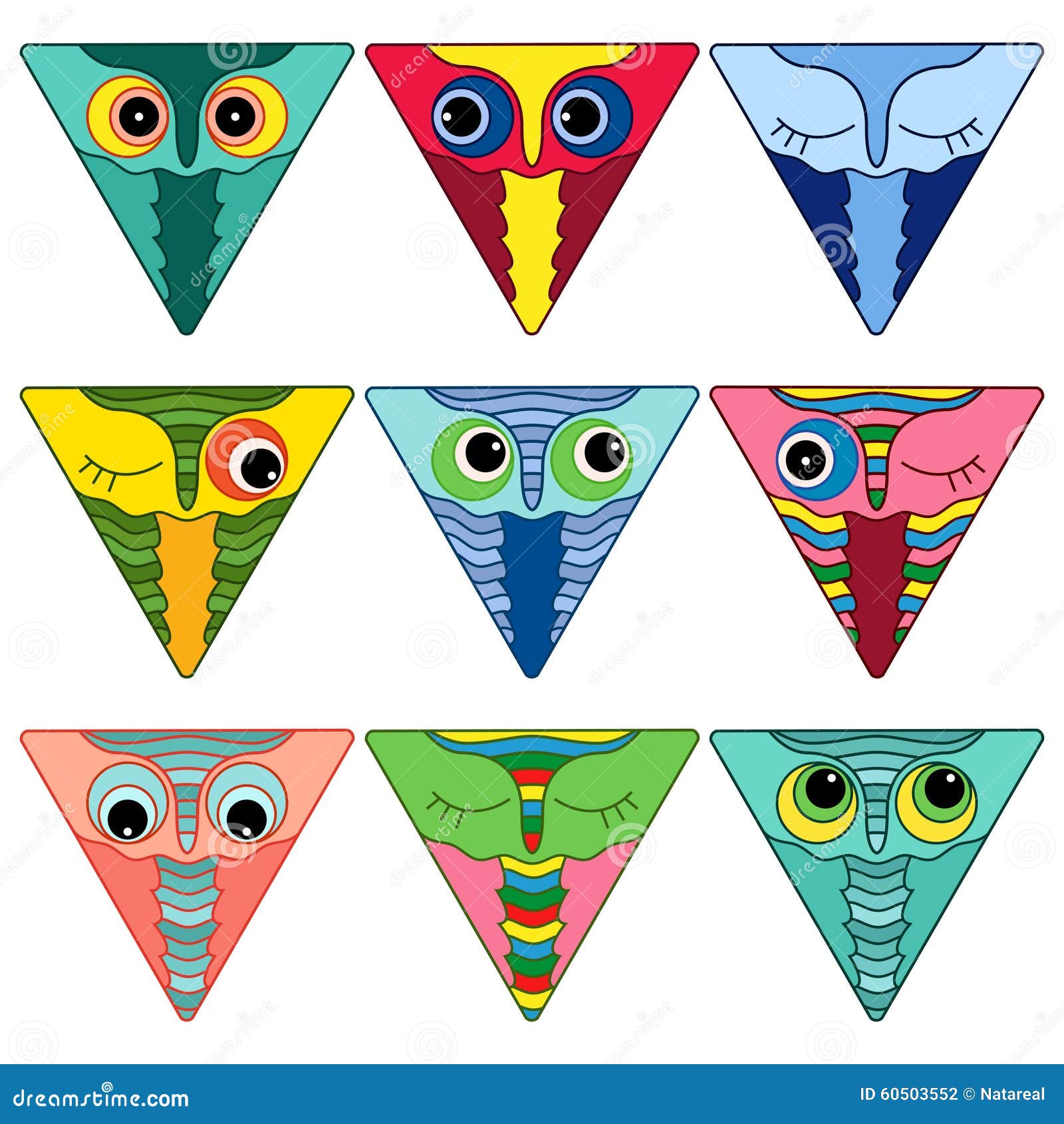Nine Amusing Owl Faces in Triangle Shapes Stock Vector - Illustration ...