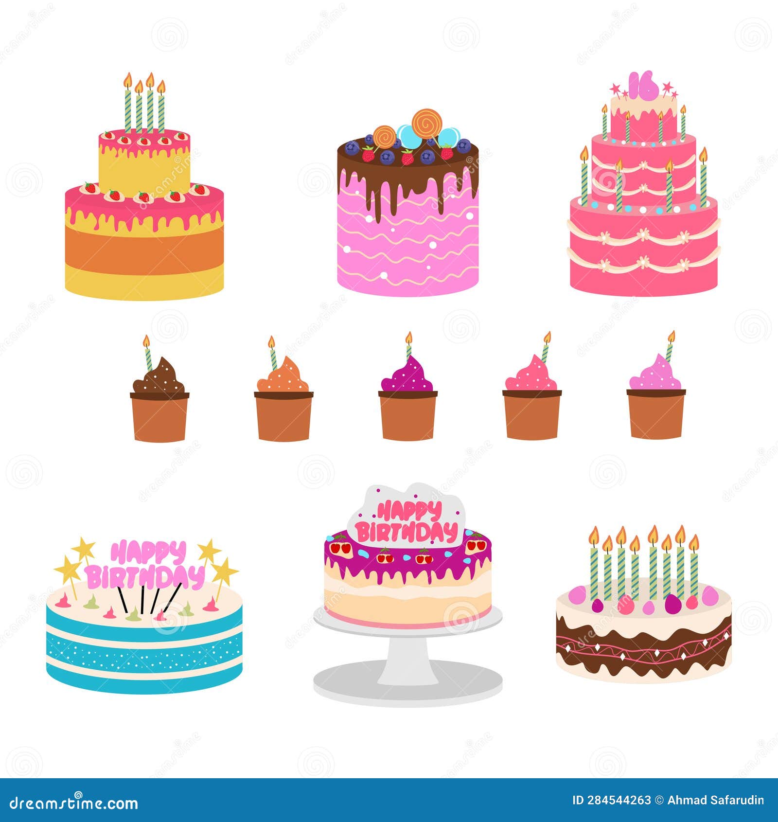 Nine Birthday Cake Set Colorful Objects in Flat Elements Style Isolated ...