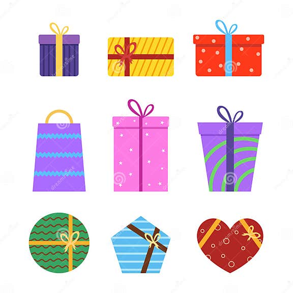 Nine Birthday Gift Set Colorful Objects in Flat Elements Style Isolated ...