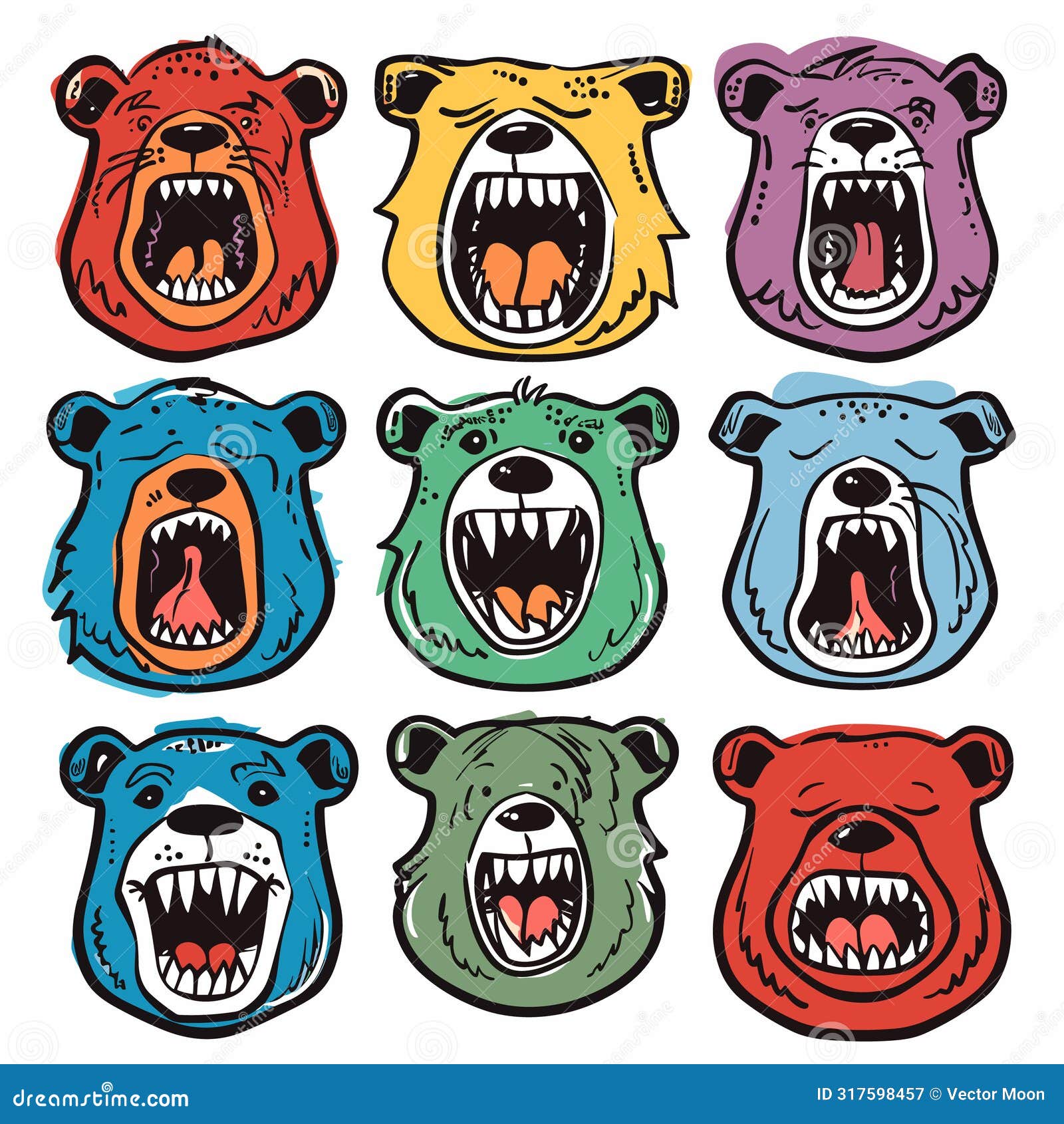 Nine Cartoon Bear Faces Expressing Aggression Displayed Three Rows ...