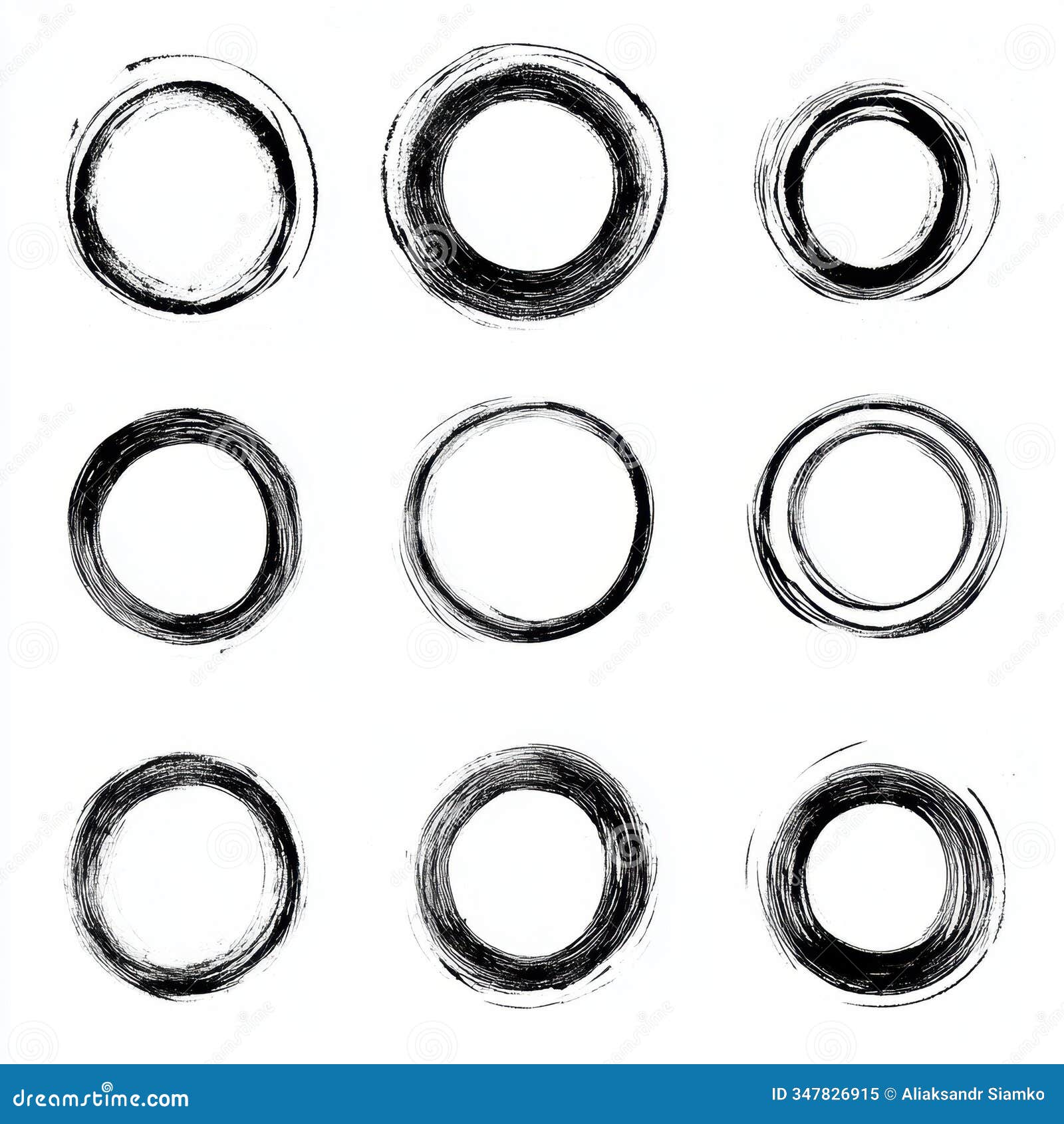 Nine Circular Brush Stroke Designs in Various Styles and Sizes Stock ...