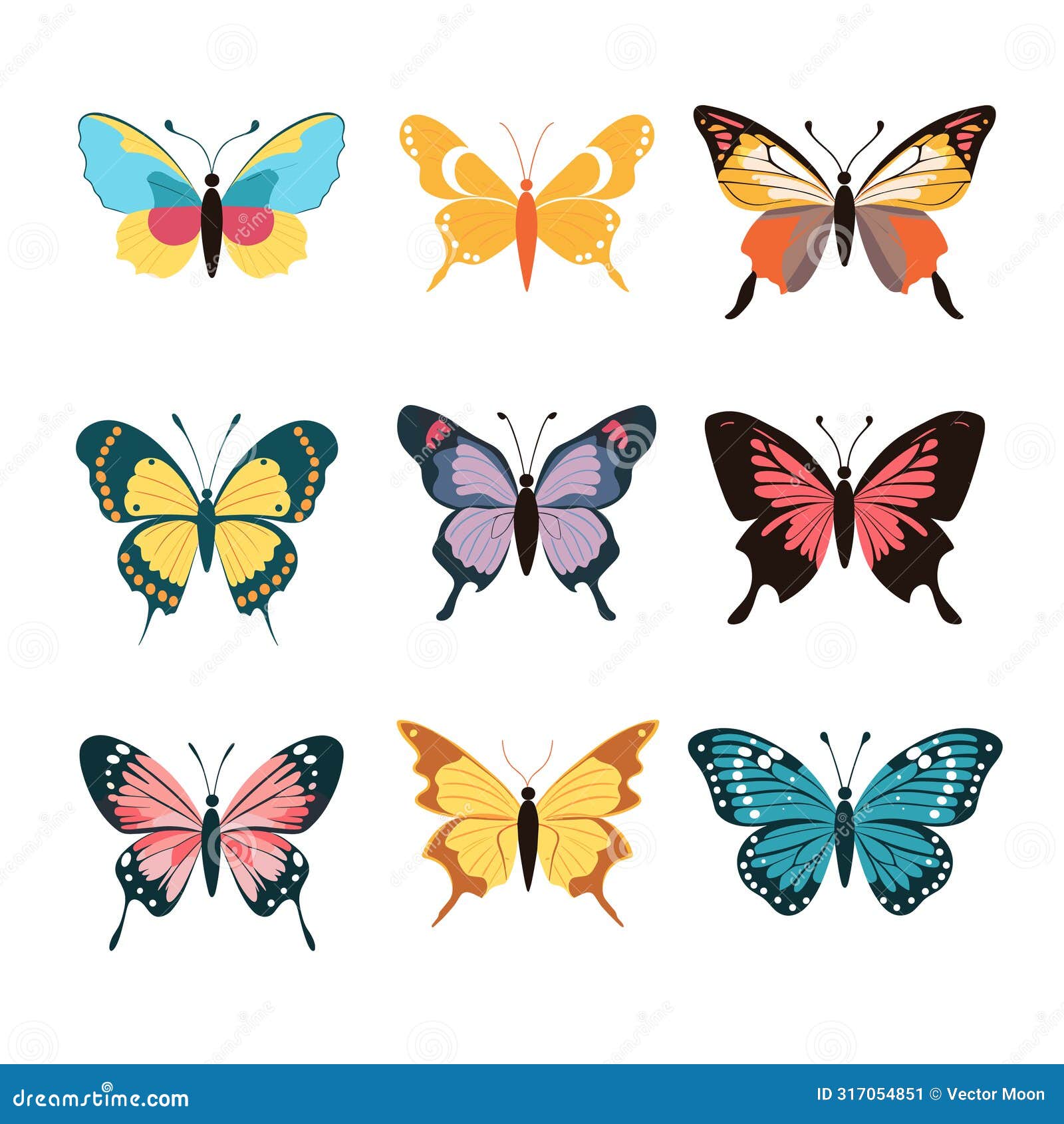 Nine Colorful Butterfly Illustrations Displayed Against Solid ...