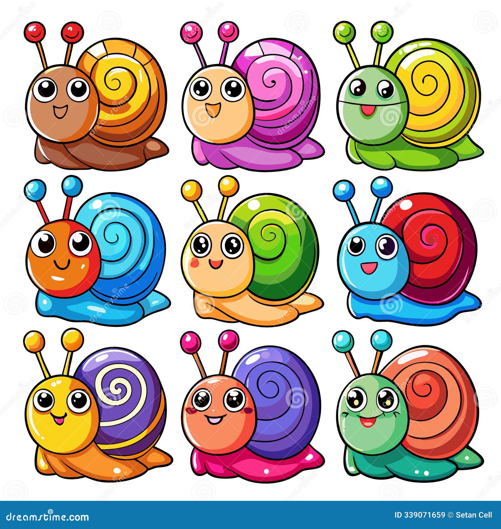 Nine Cute Cartoon Snails with Different Shell Colors Stock Vector ...