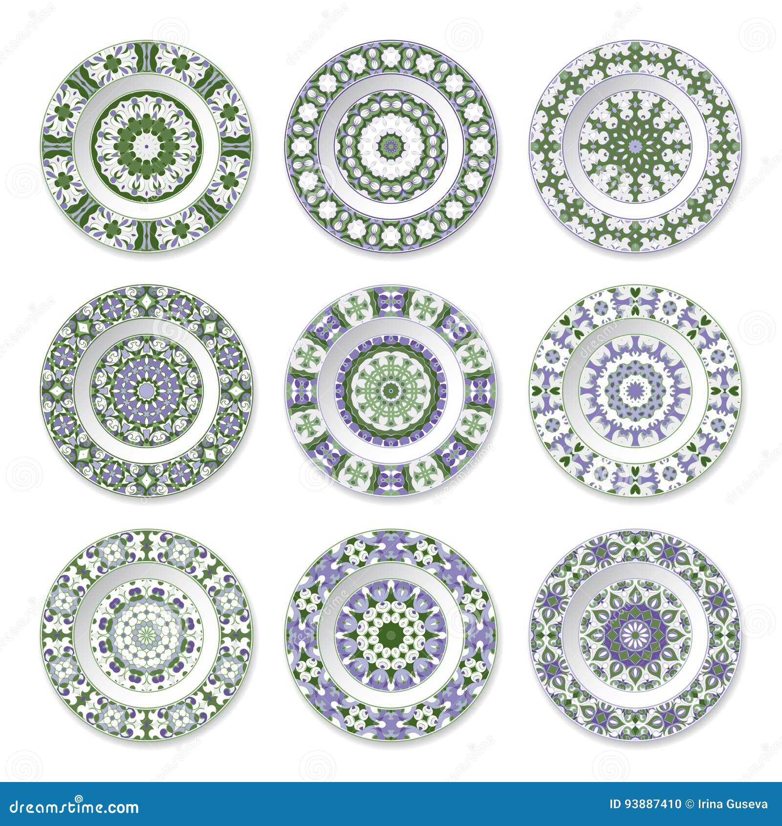 Nine Decorative Plates with Circular Colored Pattern Stock Vector ...
