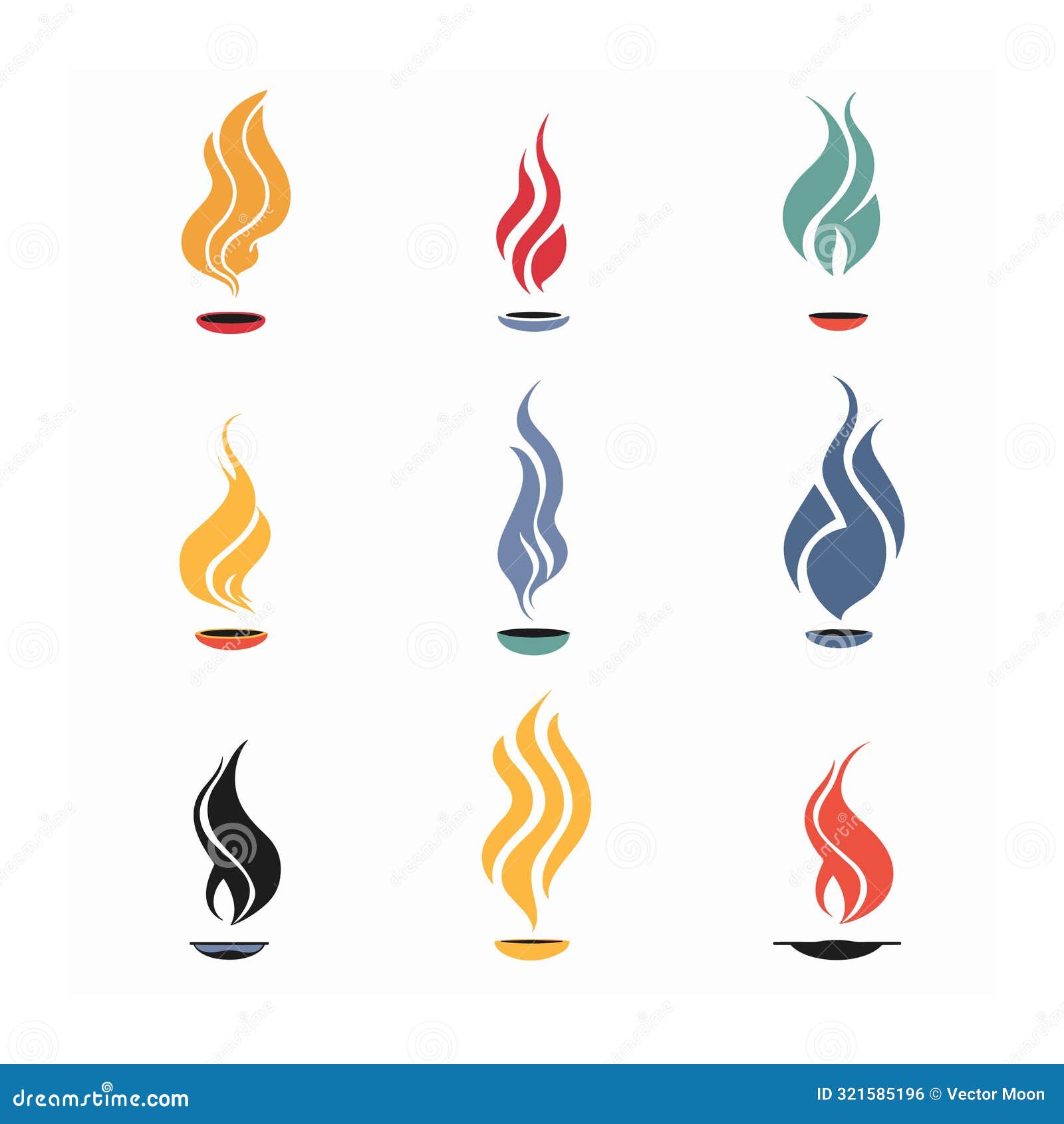 Nine Different Stylized Flame Icons, Varying Color Design, Set Against ...