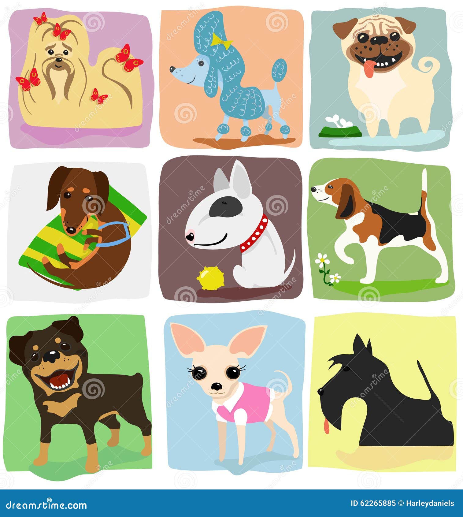 Nine Dog Breeds In Cute Cartoon Style On Green Background Vector ...