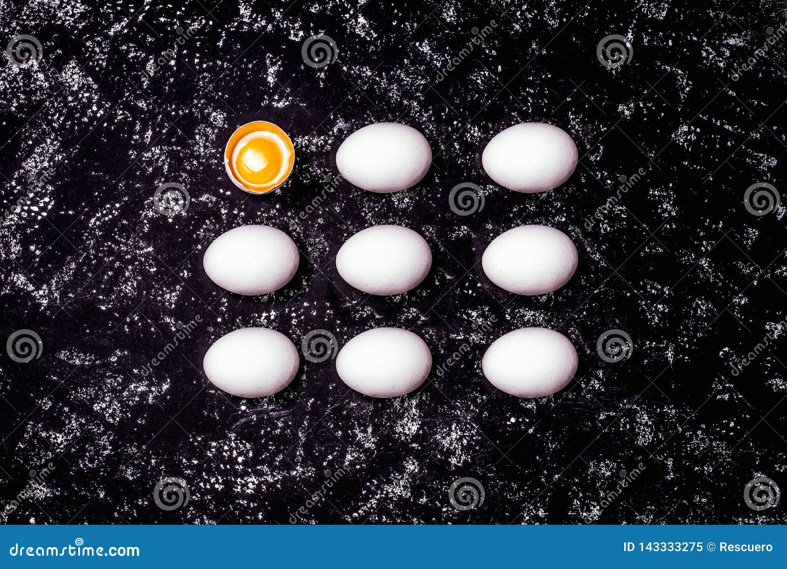Nine Eggs on a Black Spotted Background. the Egg is Broken Stock Image ...