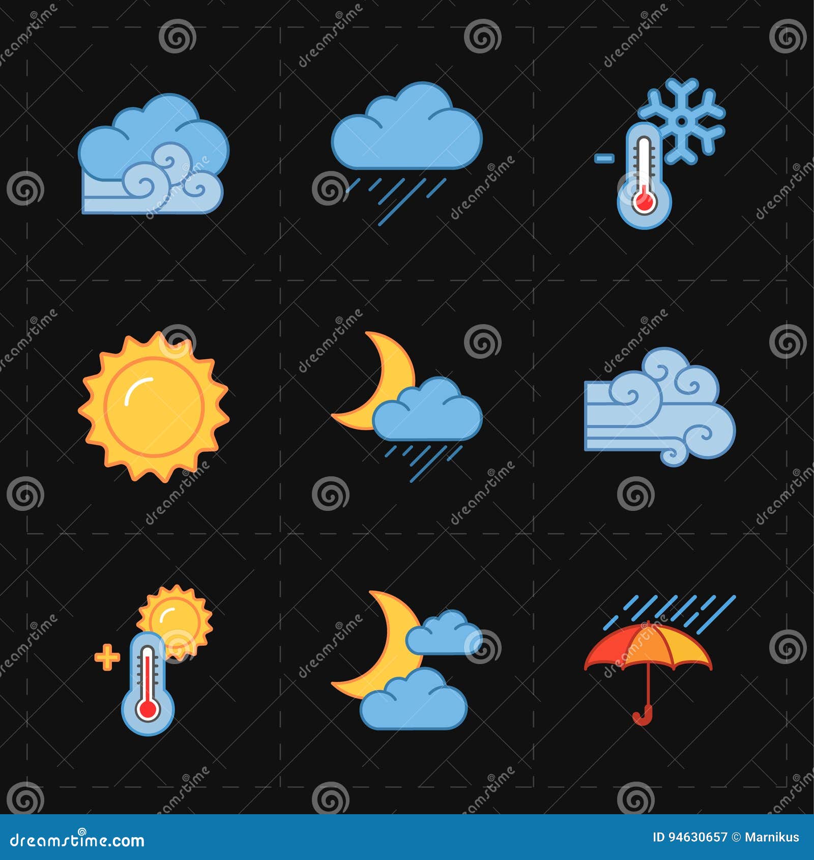 Nine Flat Modern Weather Icons Stock Vector - Illustration of night ...