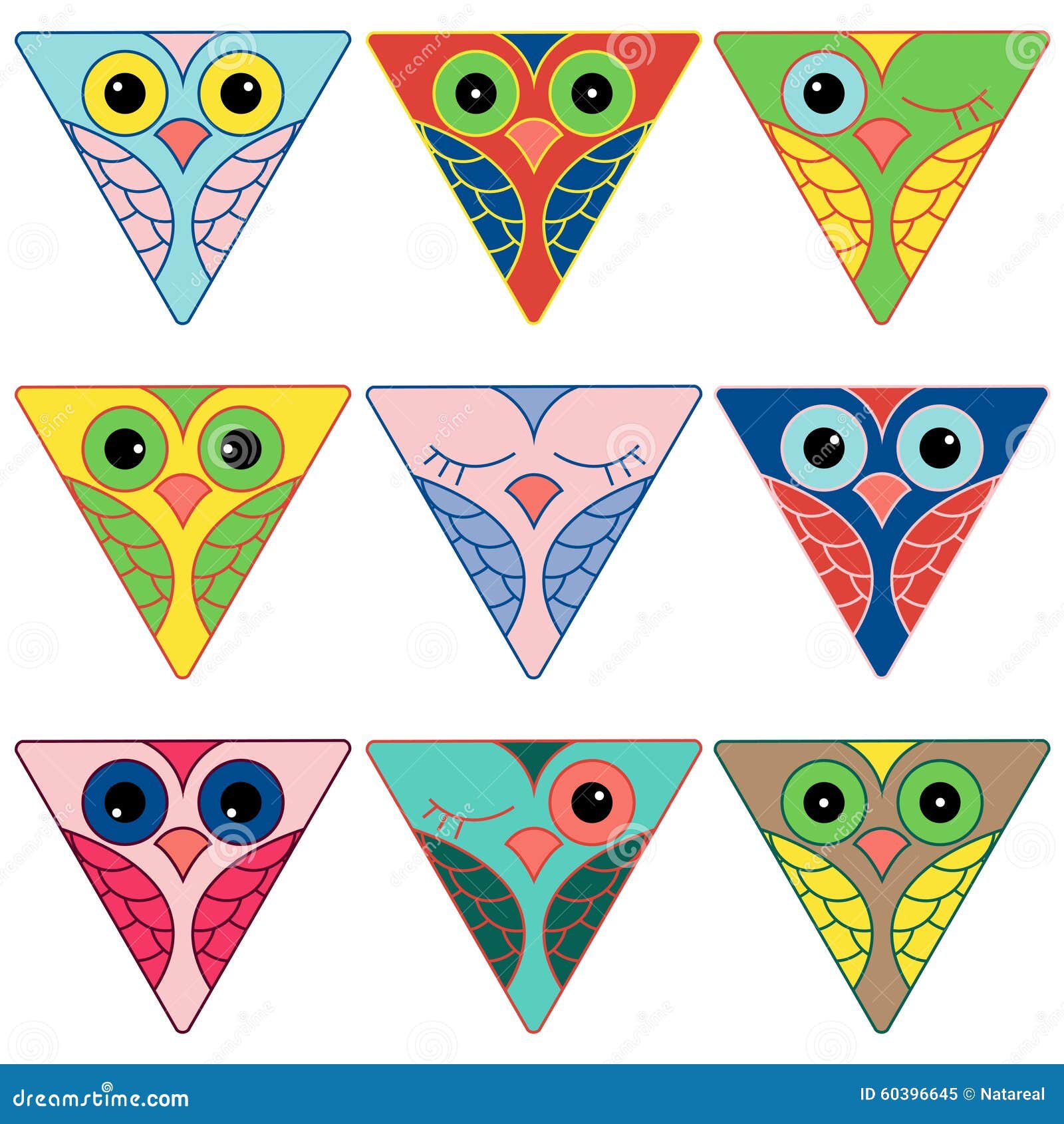 Nine Funny Owl Faces in Triangular Forms Stock Vector - Illustration of ...