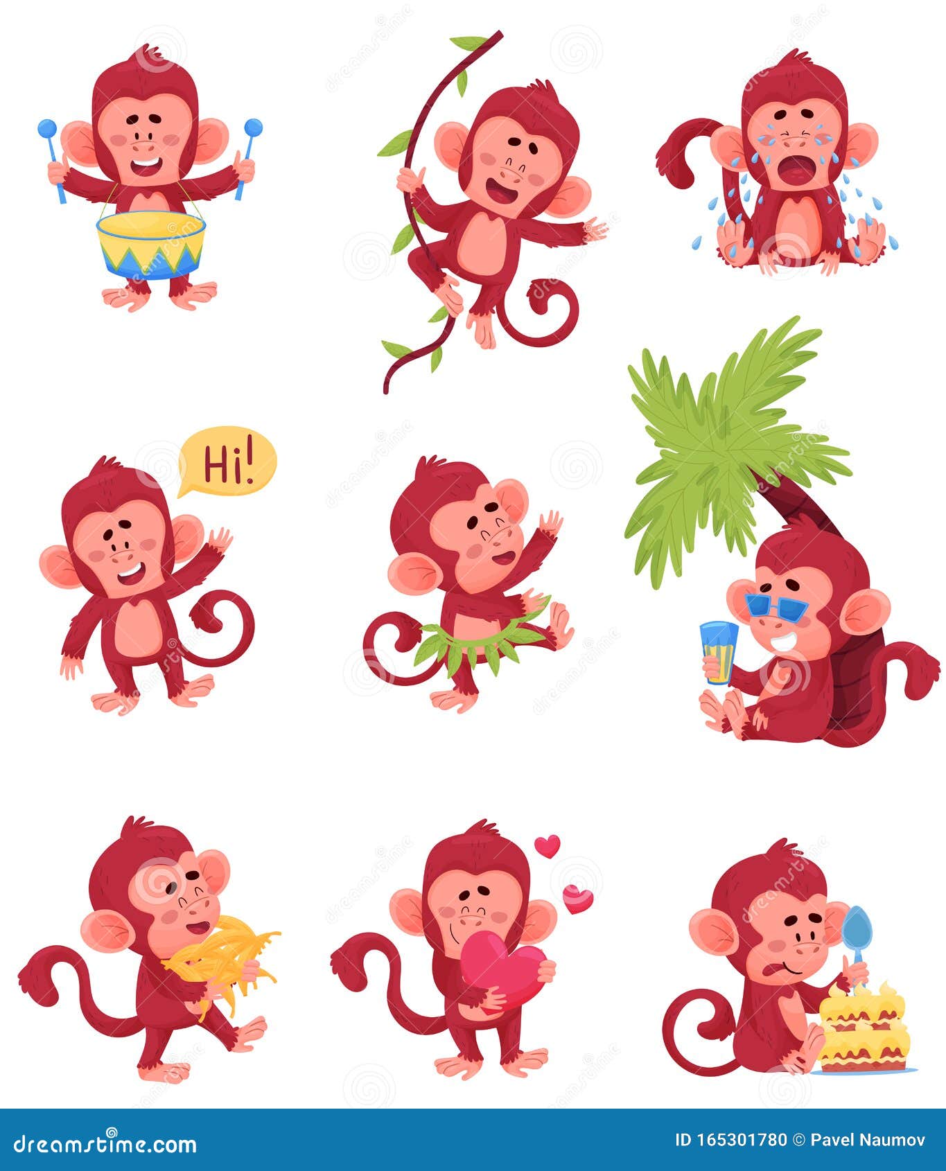 Nine Funny Red Monkeys in Different Actions and Expressions Vector ...