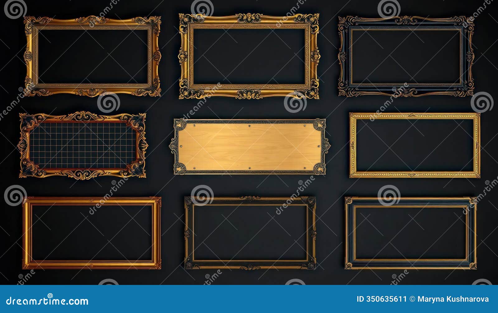 Nine Golden Frames on Dark Background. Empty Golden Nameplates. Mockup ...