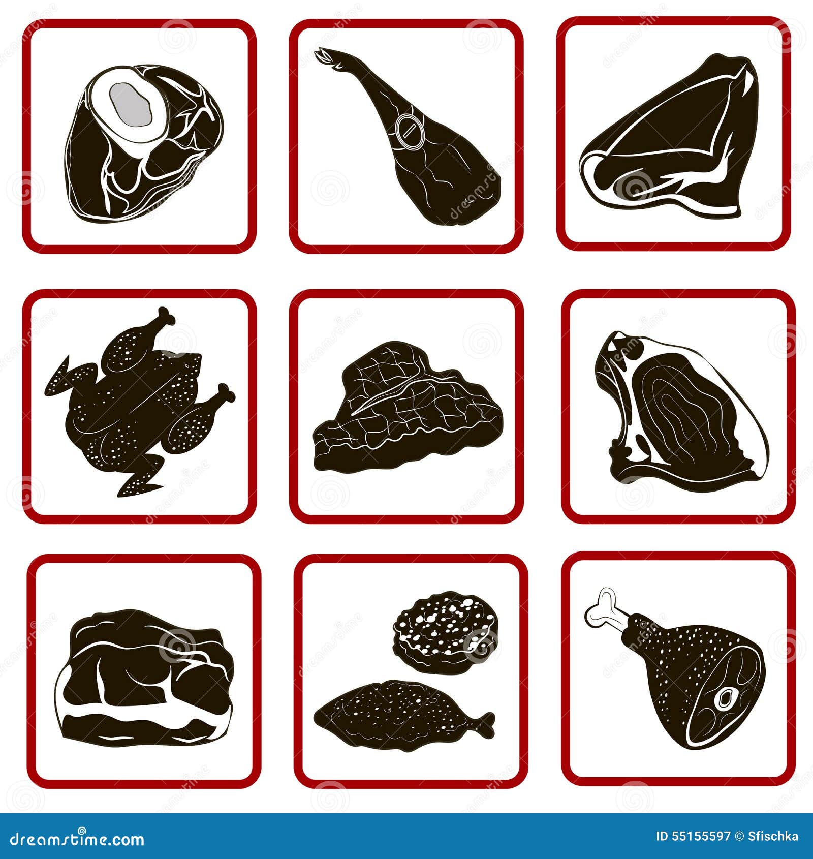 Nine icons meat different stock vector. Illustration of silhouette ...