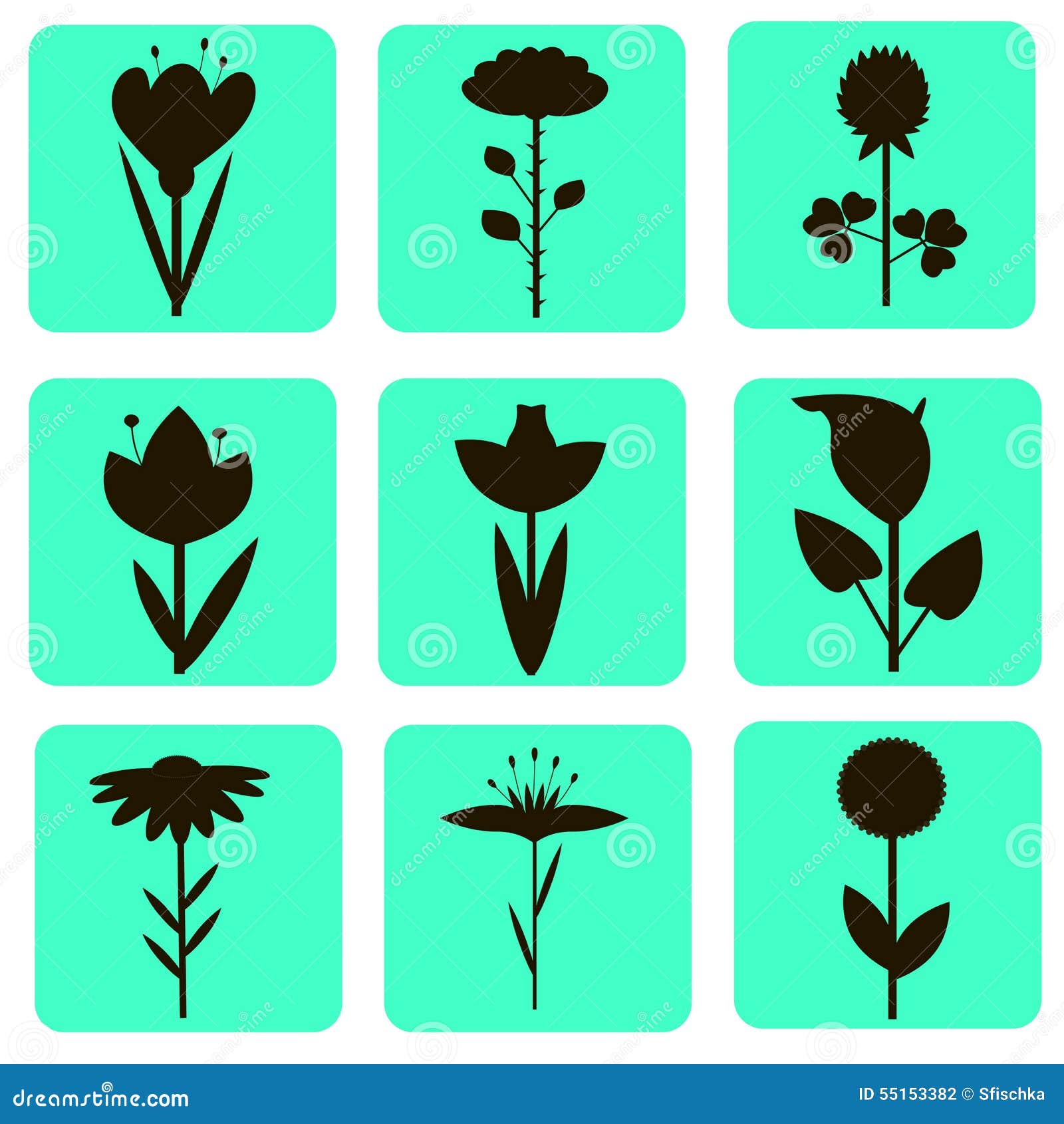 Nine Icons Silhouettes of Flowers in Turquoise Squares Stock Vector ...