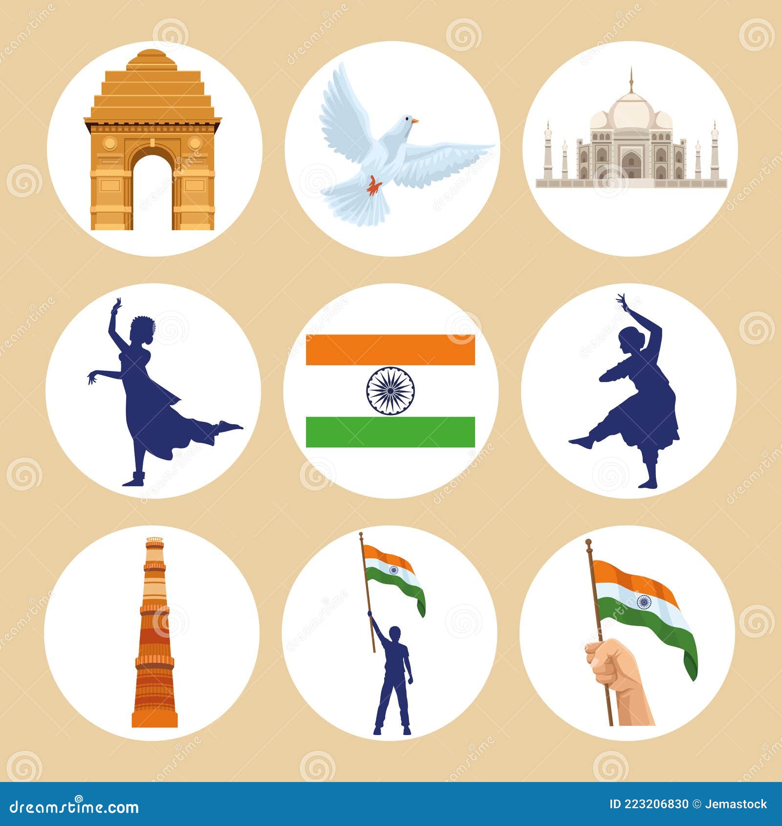 Nine Independence India Icons Stock Vector - Illustration of tower ...