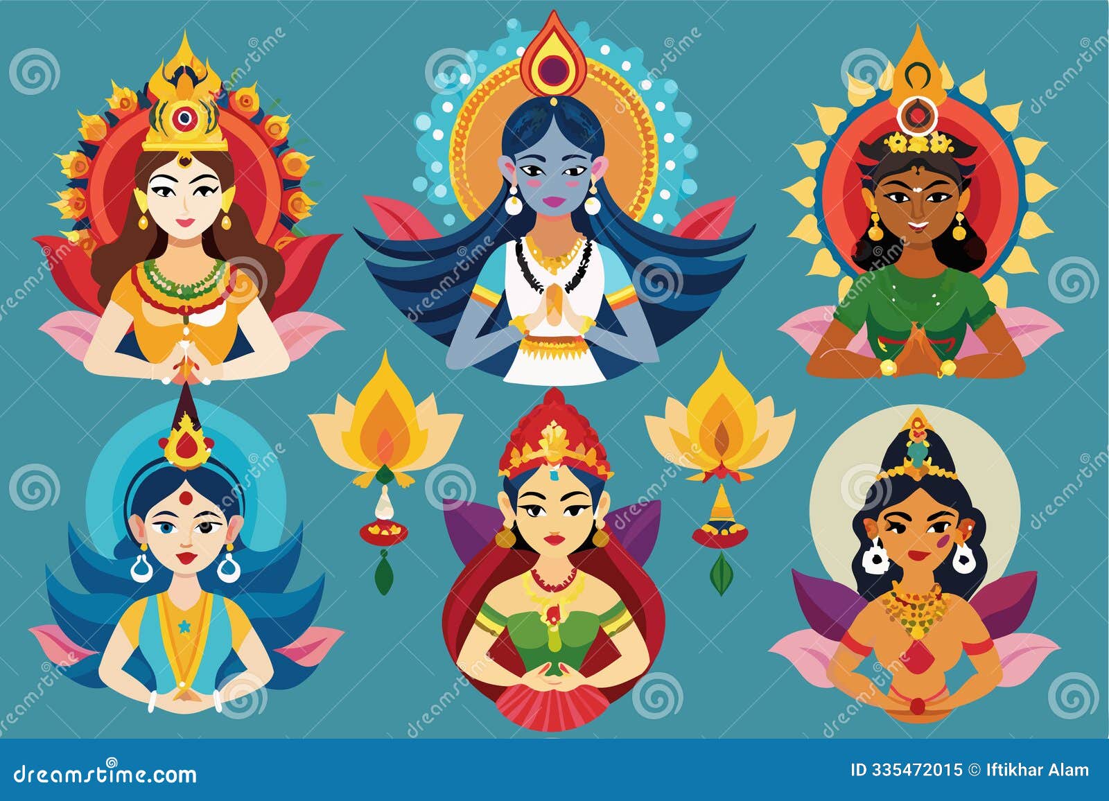 Nine Indian Goddesses are Depicted with Vibrant Colors, Symbolizing ...