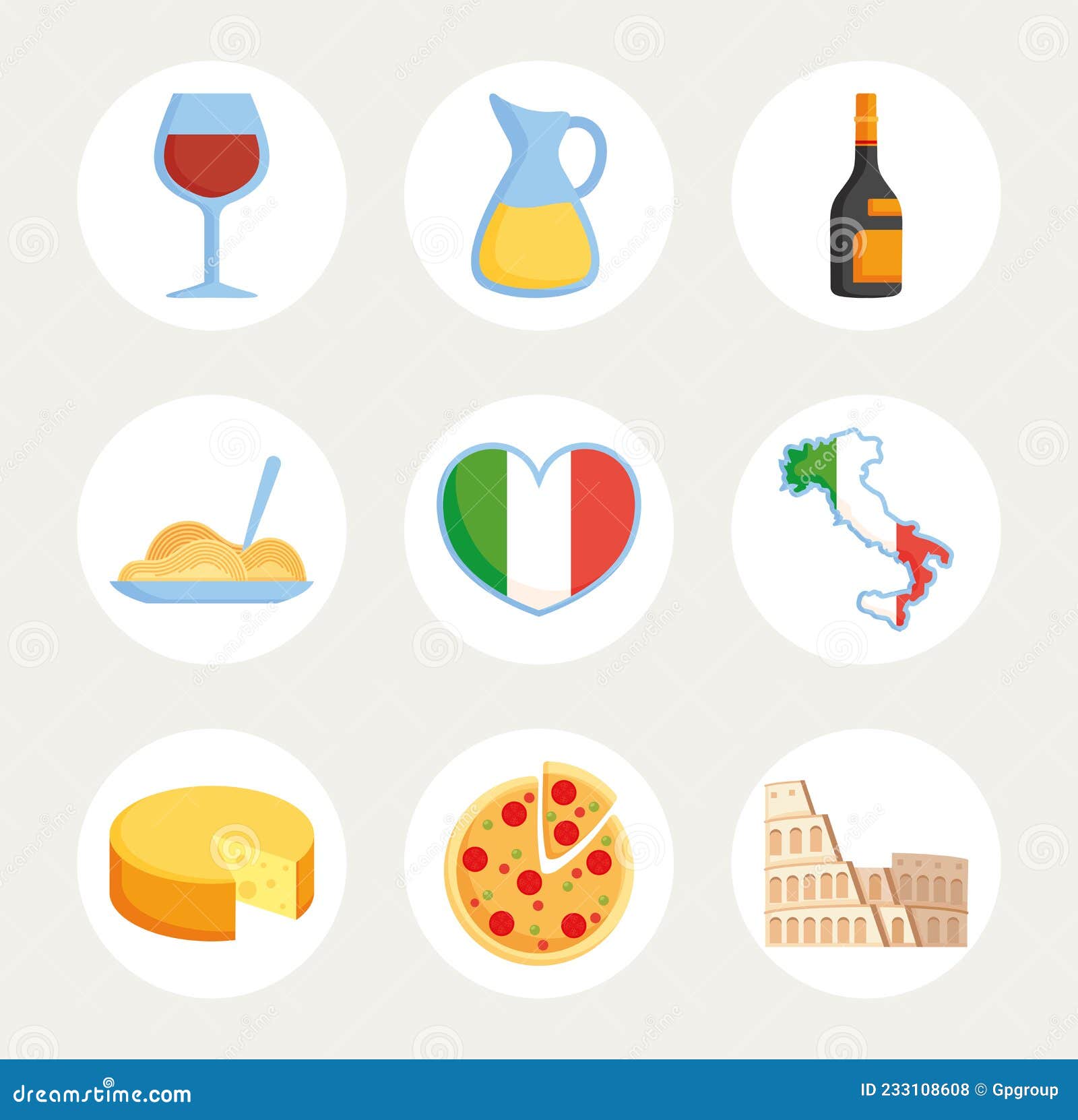Nine italy items stock vector. Illustration of badge - 233108608