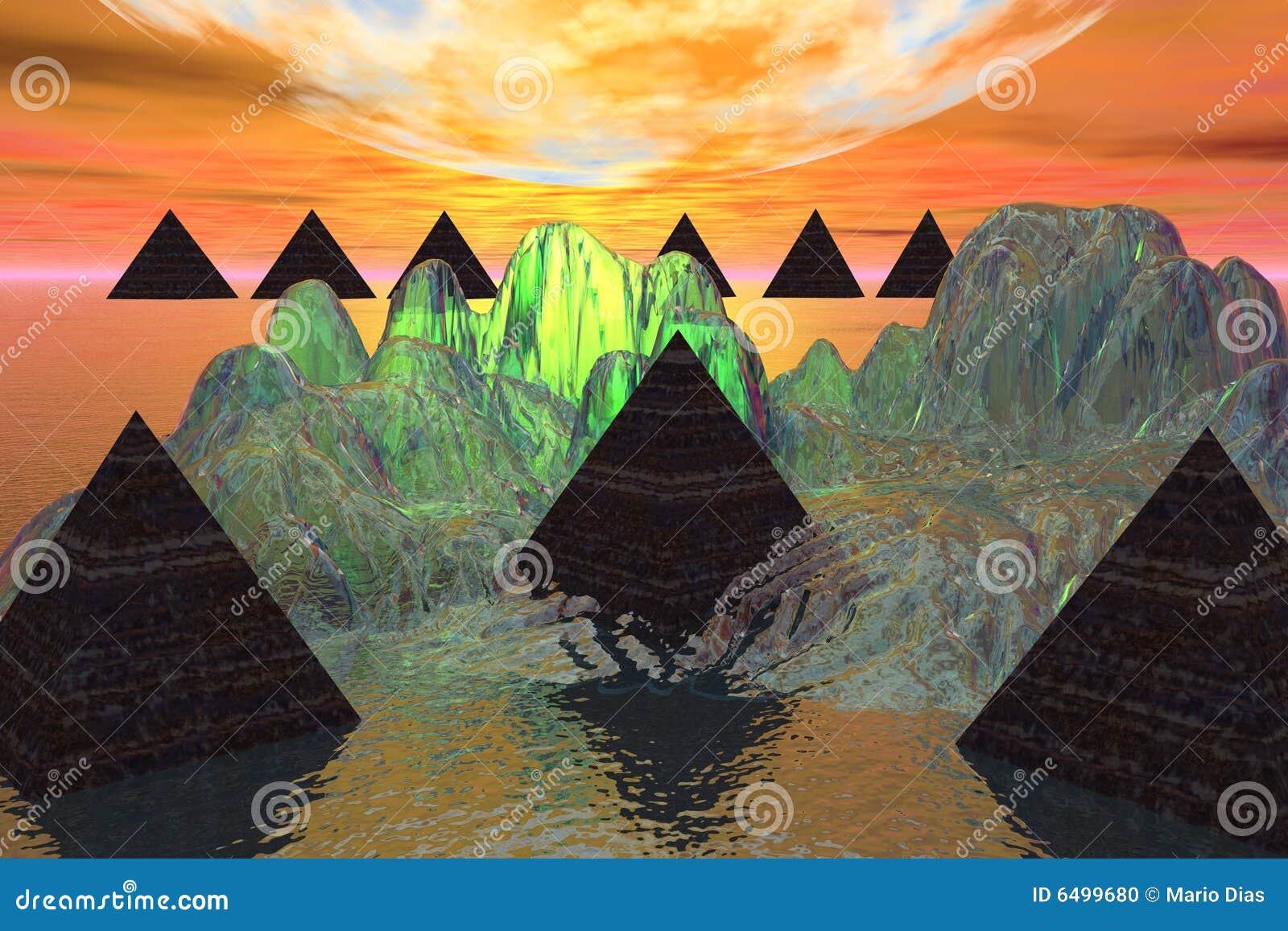 Nine Pyramids Over Glowing Ice Stock Illustration - Illustration of ...